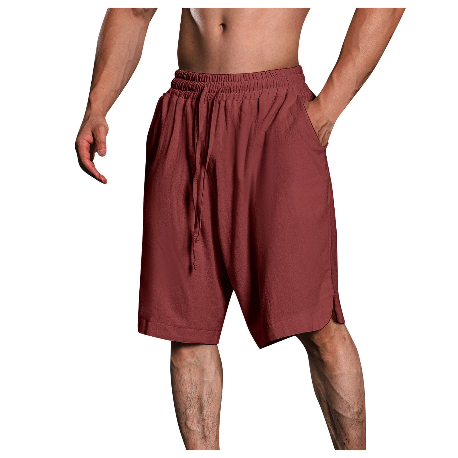 Caqnni Men's Linen Shorts Casual Elastic Waist Drawstring Summer Beach Shorts Comfortable ...