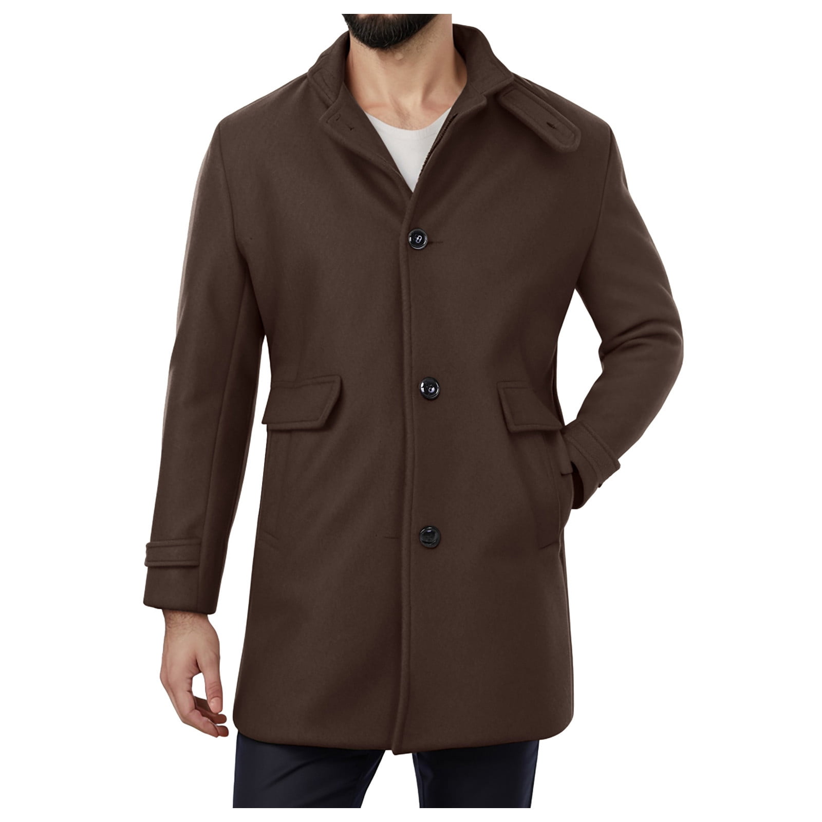 Caqnni Men's Plaid Trench Coat Stand Collar Windproof Pea Coat Button ...