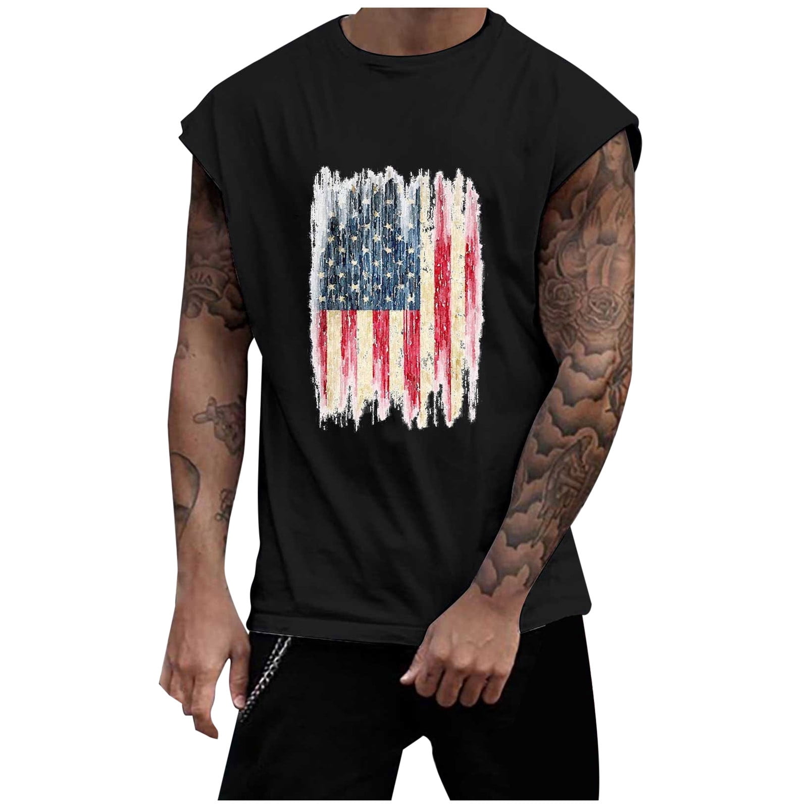 Caqnni Mens 4th of July Tank Top Novelty Graphic Breathable Short Sleeved Beach Shirt(Black,3XL ...