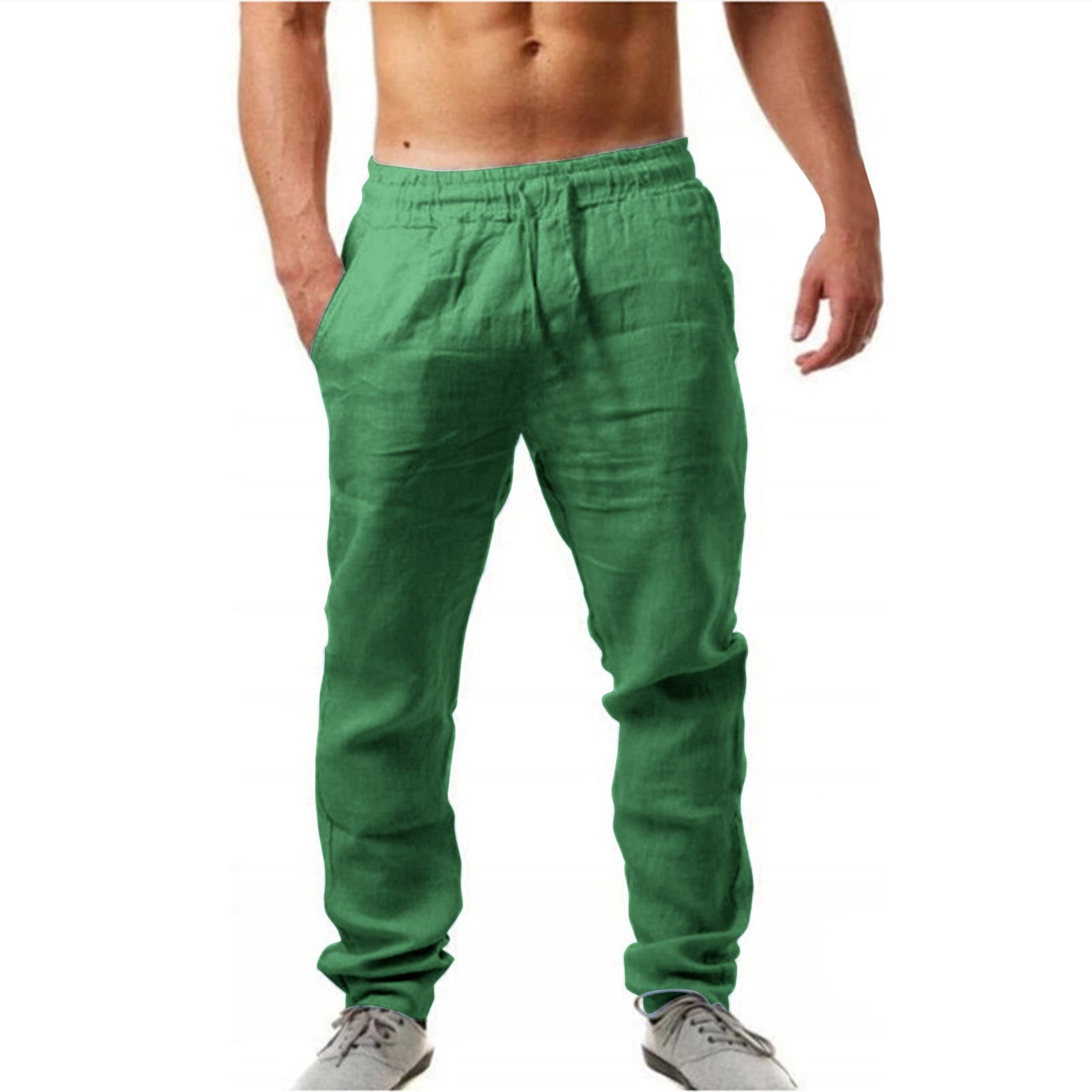 Caqnni Mens Casual Elastic Waist Drawstring Pants Cotton Linen Baggy