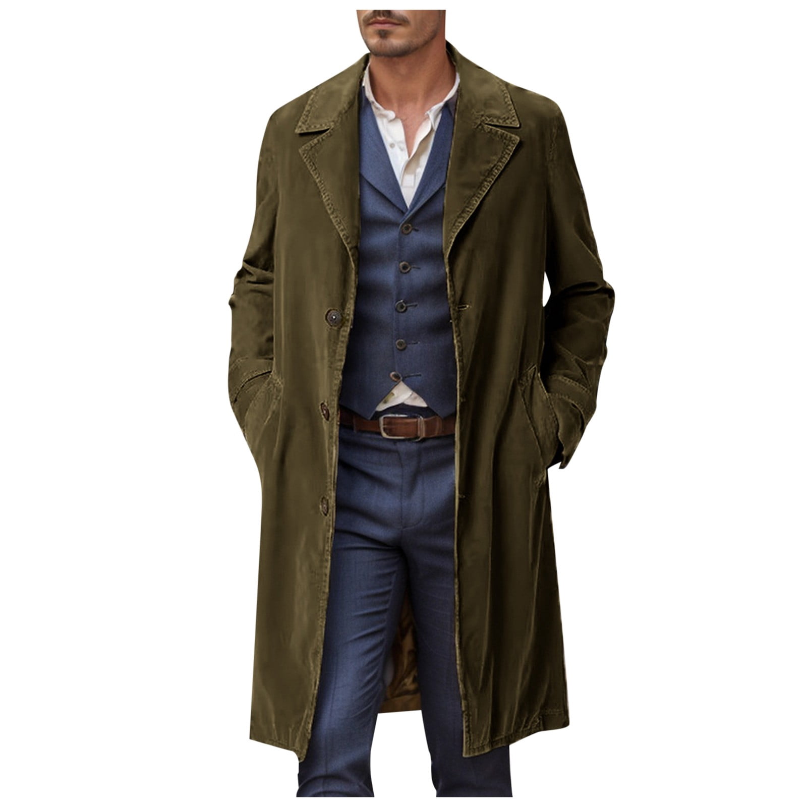 Caqnni Mens Double Trench Coat Notched Lapel Casual Slim Fit Long ...