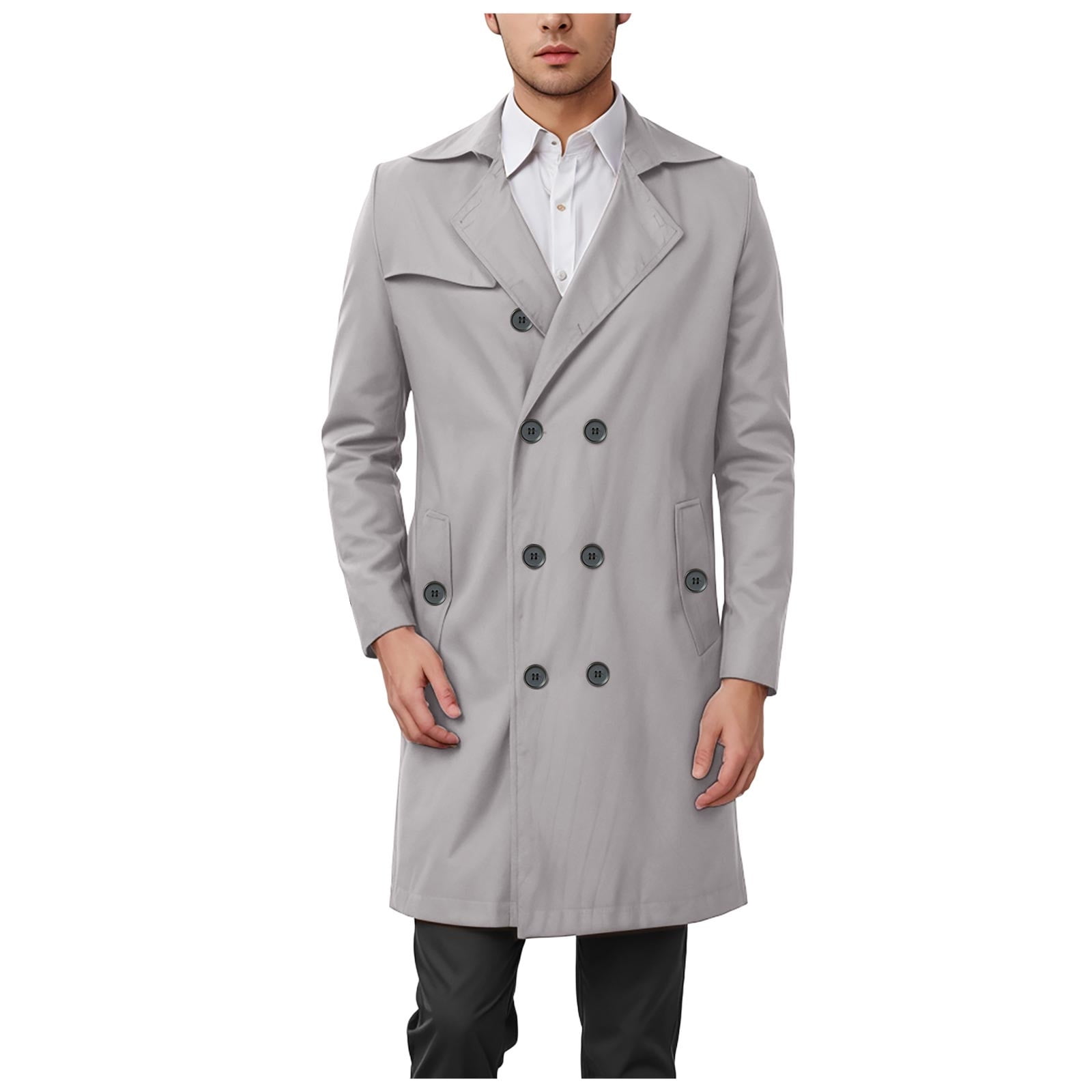 Caqnni Mens Double Trench Coat Notched Lapel Casual Slim Fit Long ...