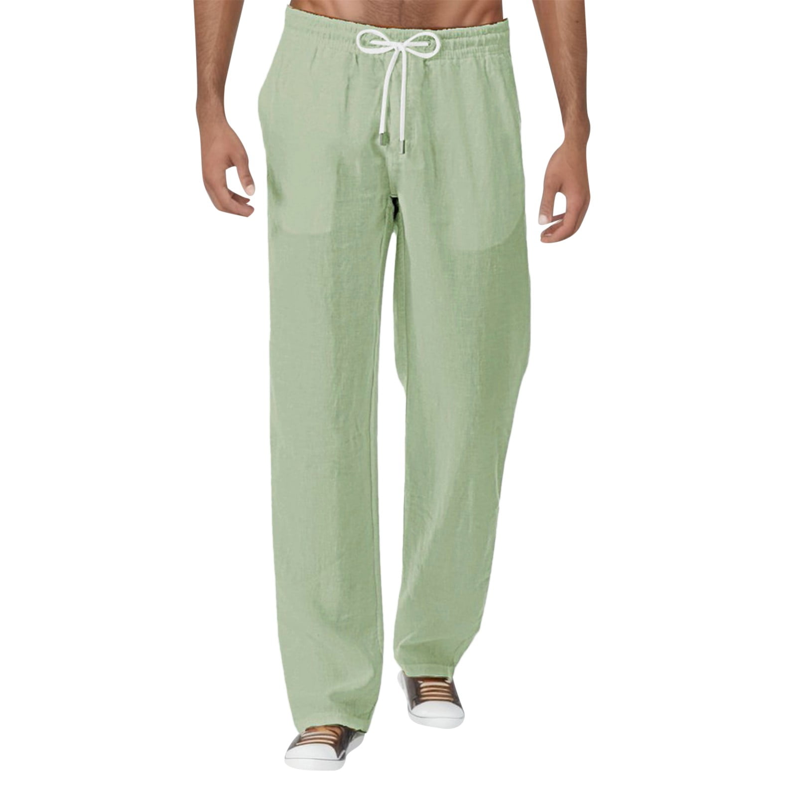 Caqnni Mens Linen Casual Pants Lightweight Drawstring Beach Pants