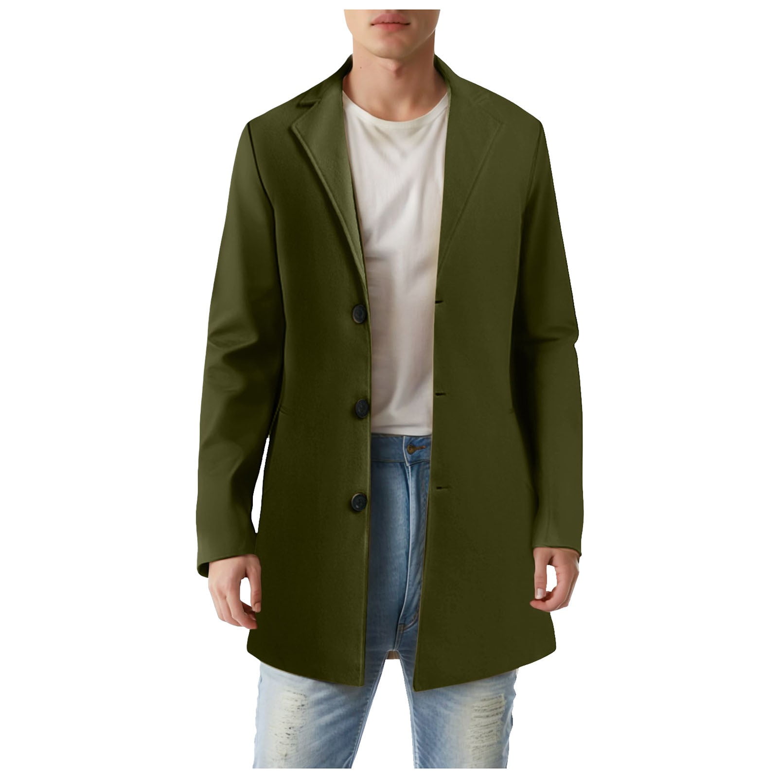 Caqnni Mens Trench Coat Notch Lapel Double Belted Pea Coat Wool Blend ...
