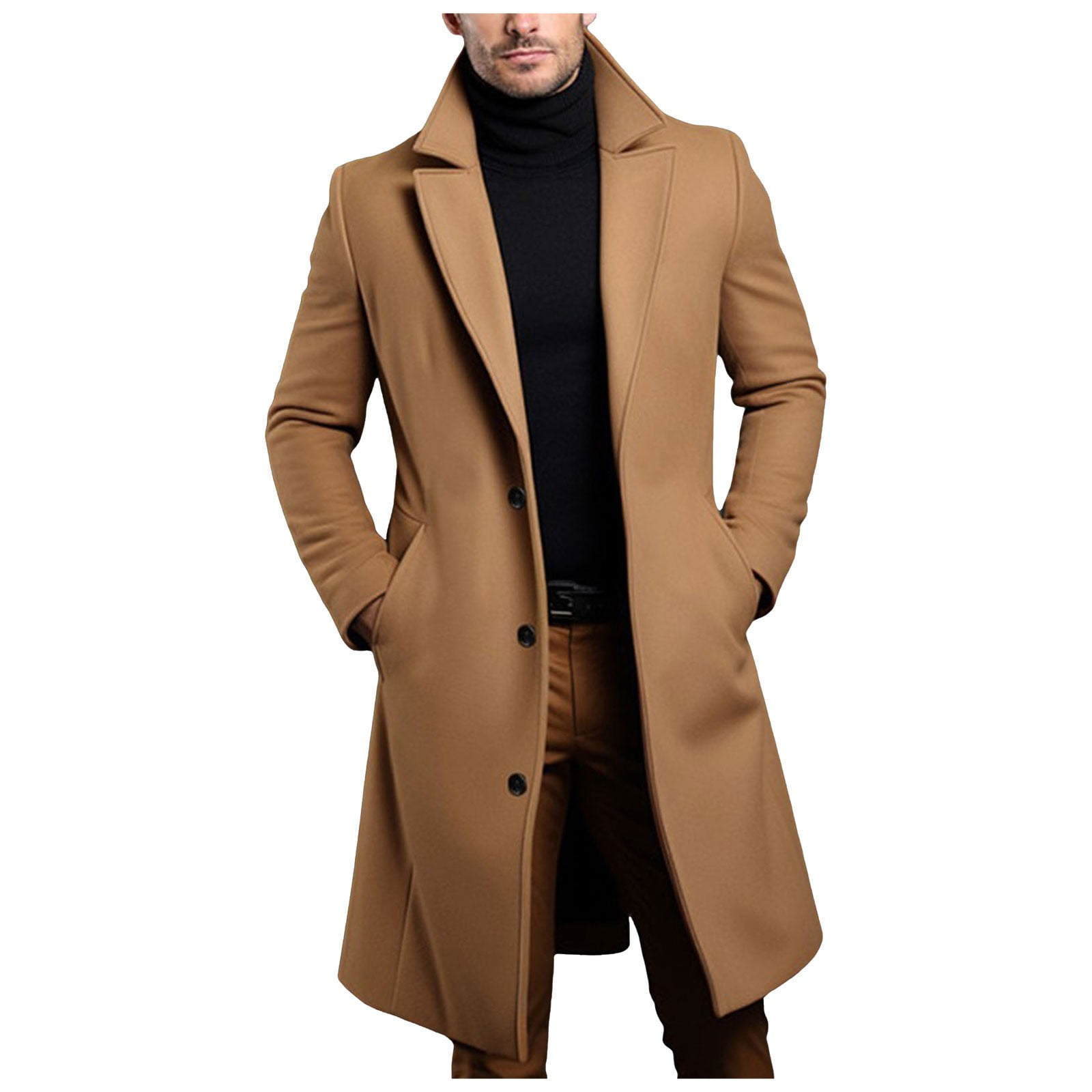 Caqnni Mens Trench Coat Notch Lapel Slim Fit Double Wool Blend Long Pea ...