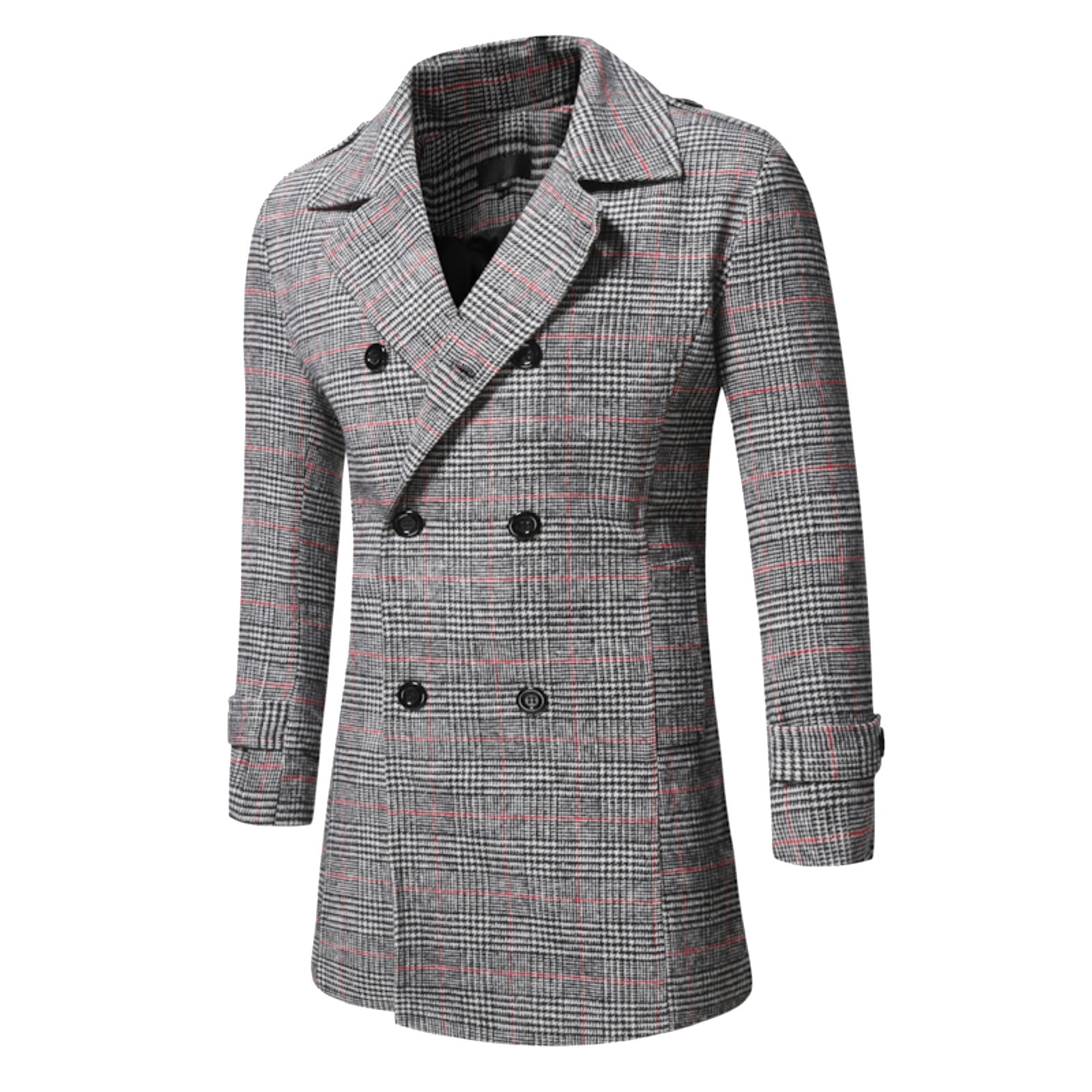 Caqnni Mens Wool Blend Pea Coat Jacket Double Breasted Dress Coat (Grey ...