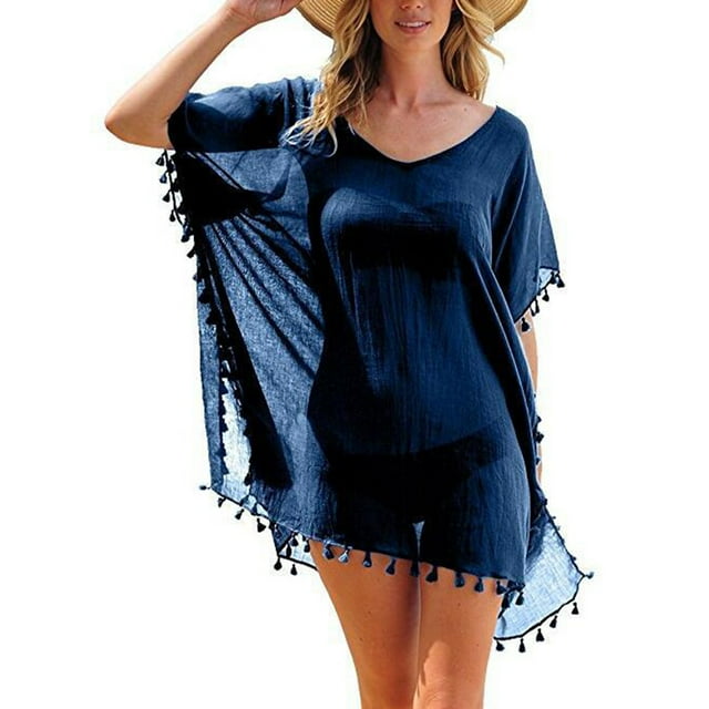 Caqnni Women’s Plus Size Swimsuit Cover-Up Dress with Tassels, Loose ...