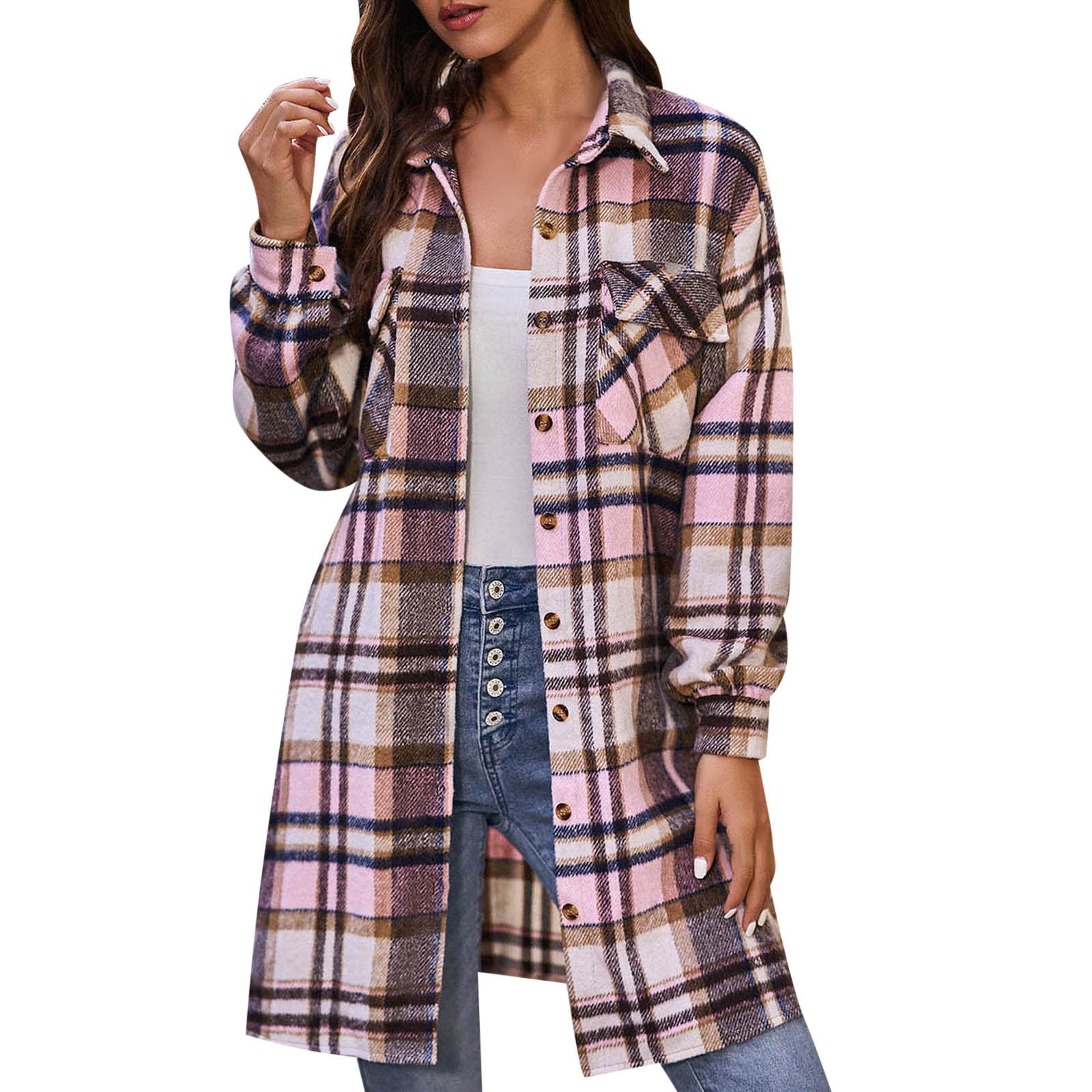 Caqnni Womens Long Plaid Shacket Jacket Casual Fashion Lapel Button Up ...