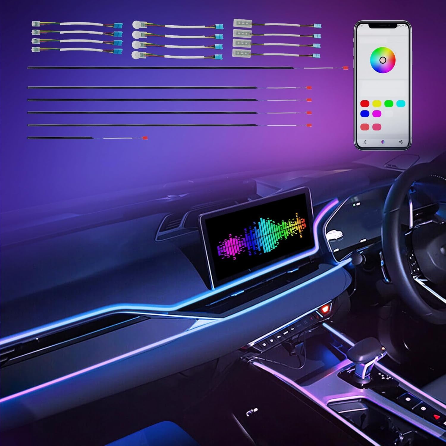 Car-Ambient-Lighting-Kit,RGB 18 in 1 256 LED with Wireless APP DIY ...