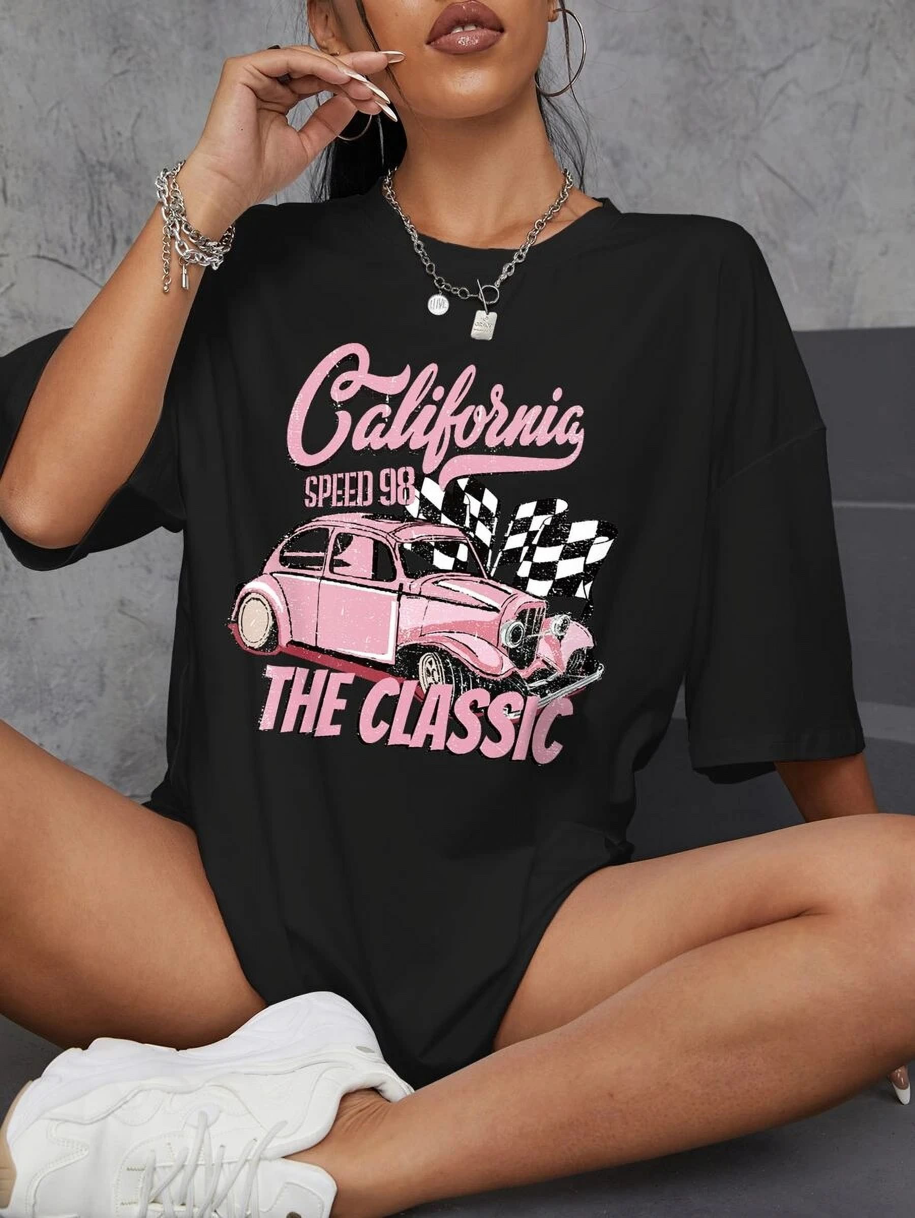 Car And Letter Graphic Drop Shoulder Oversized Tee Graphic Tees Women ...