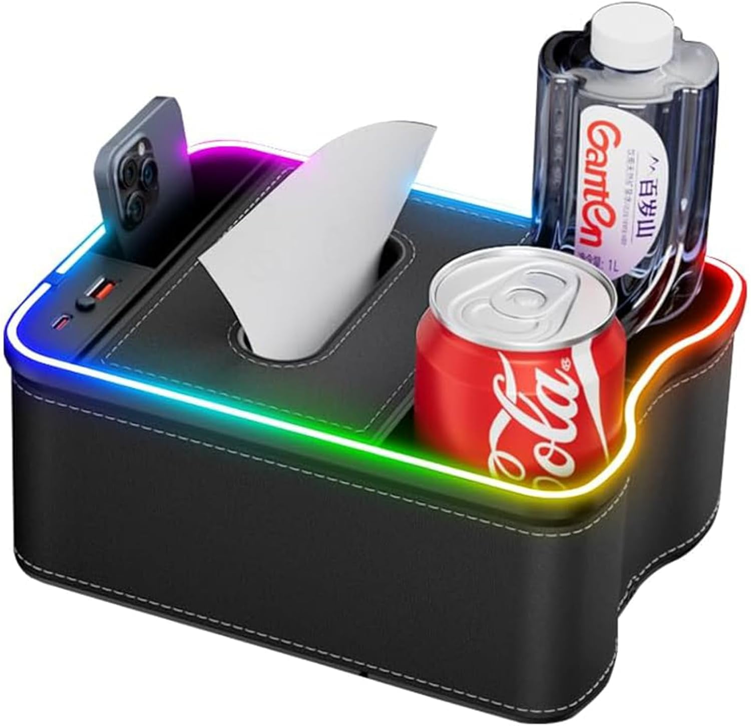 Car Armrest Storage Box With 2 Drink Cup Holders, 7 Colour LED Lights ...