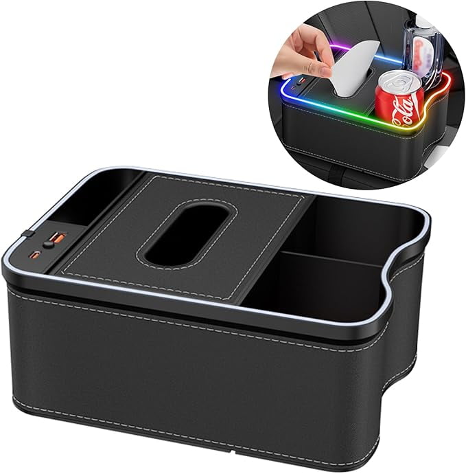Car Armrest Storage Box with 2 Beverage Cup Holders, 7 Colorful LED ...