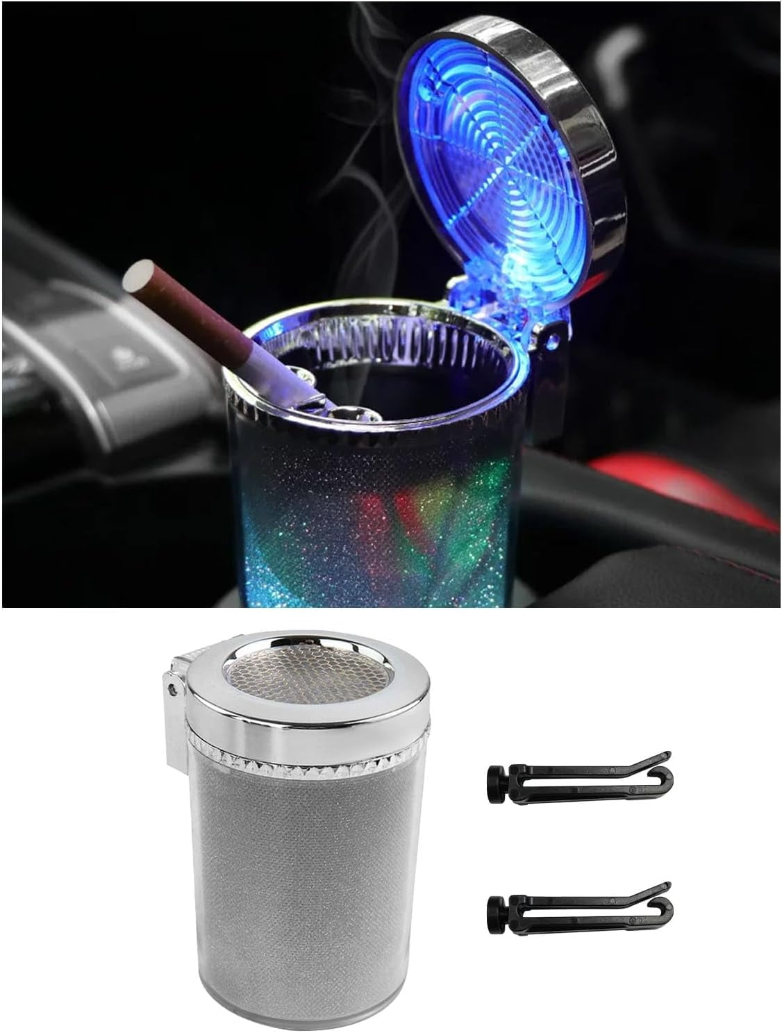 Car Ashtray with Blue LED Light, Smell Proof Smokeless Auto Ashtray ...