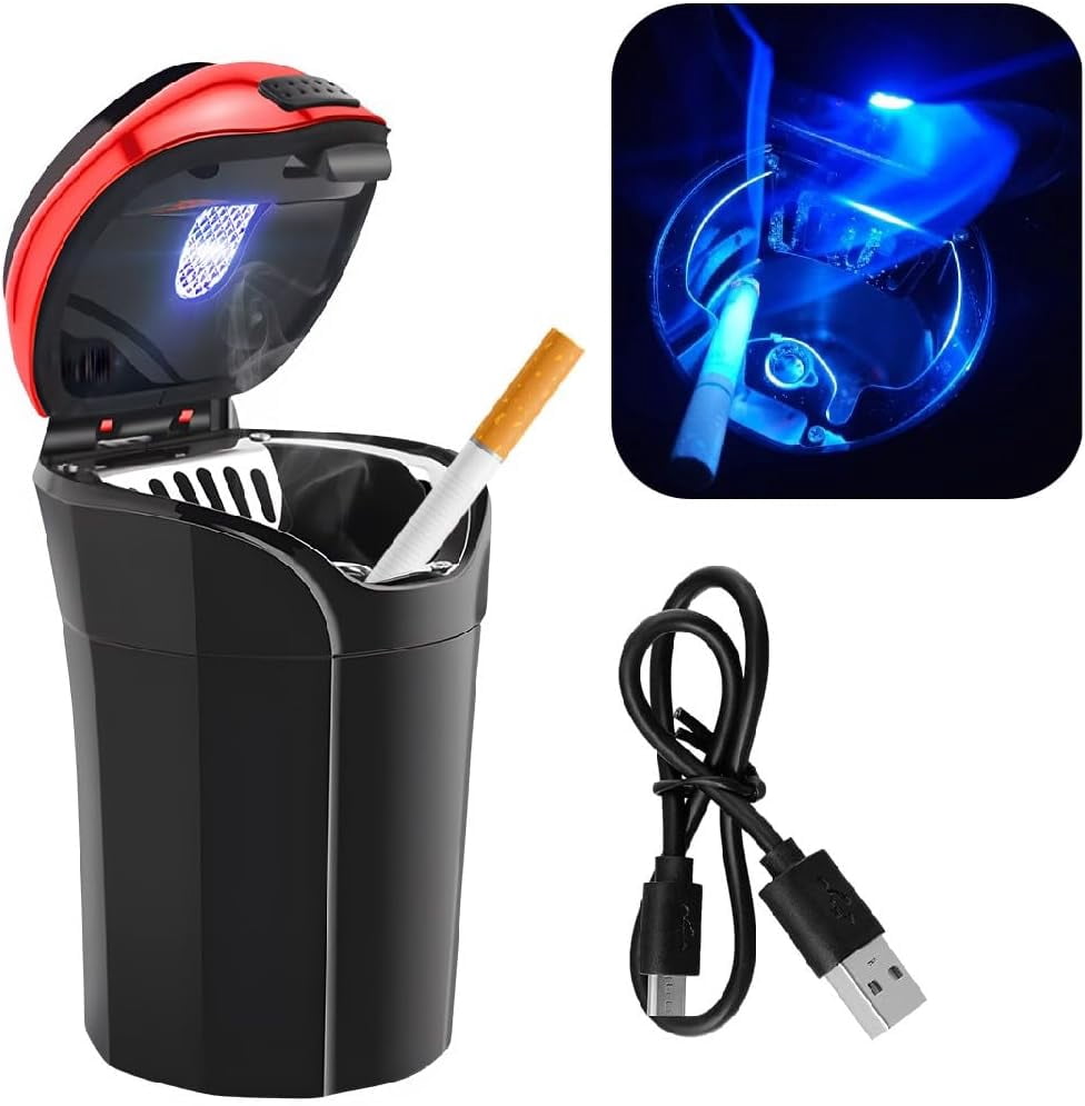 Car Ashtray with Lid, Rechargeable Stainless Auto Ashtray with LED ...