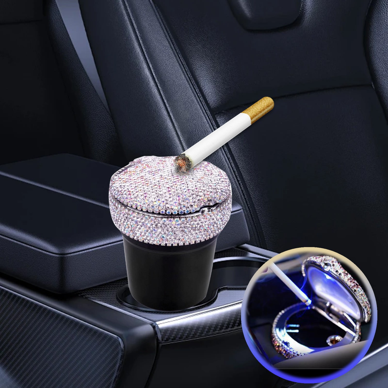 Car Ashtray with Lid and LED Light, Diamond Crystal Bling, Fits Most ...