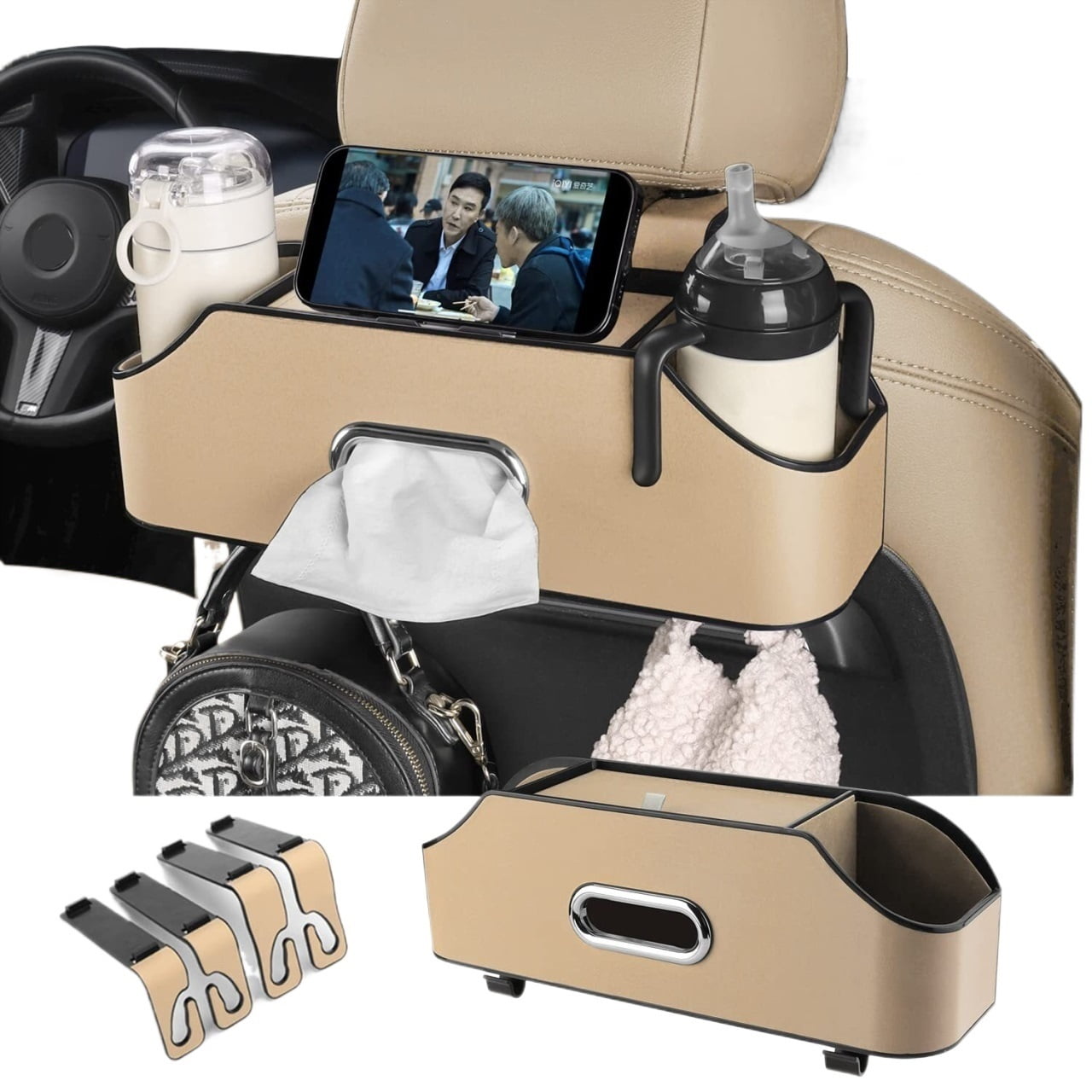 Car Back Seat Organizer with 2 Drink Cup Holder - Tissue Box and ...