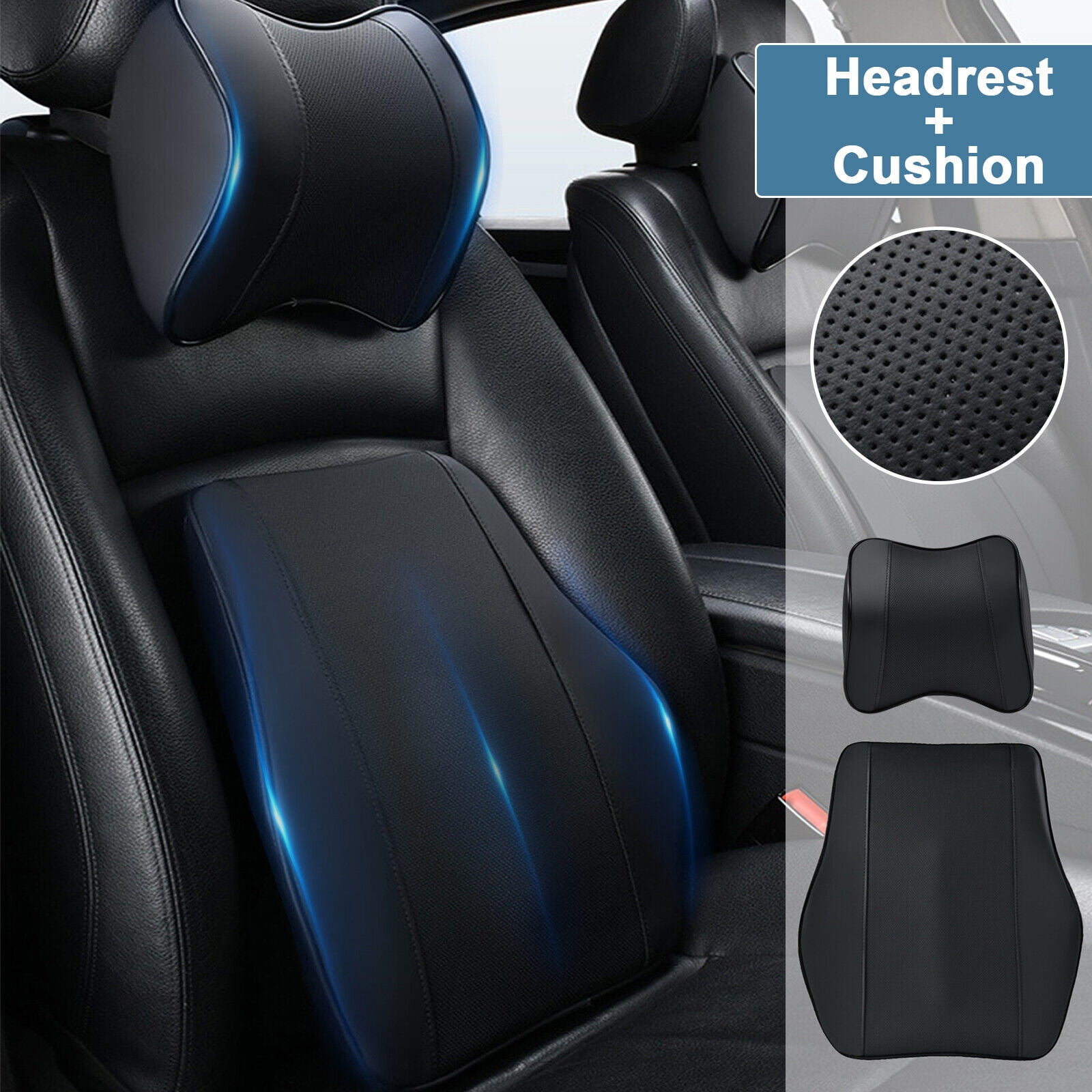 Car Backrest Support w/Pillow Memory Foam PU Leather Seat Waist Lumbar ...