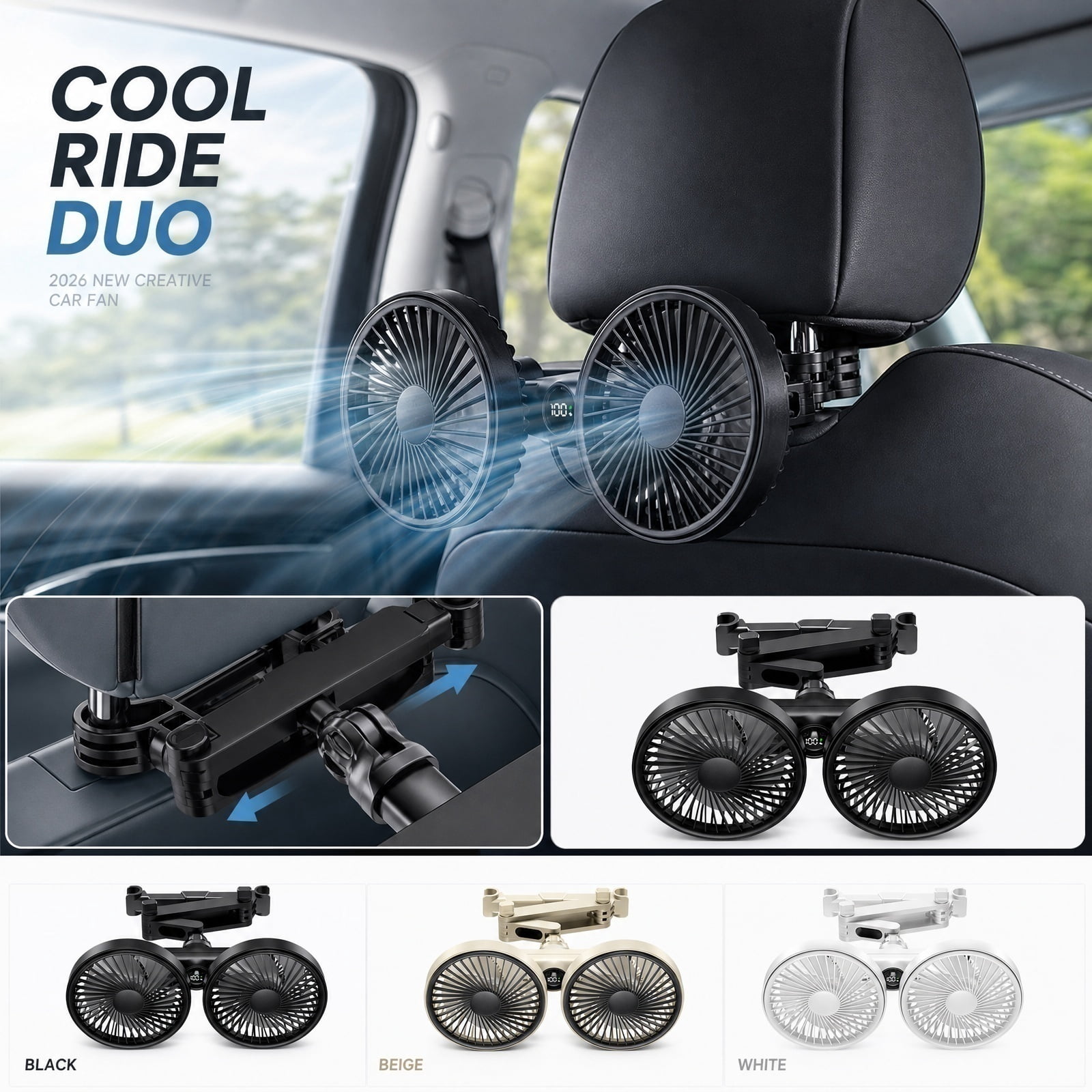 Car Backseat Dual Head Fan, Universal Clip on Mount, High Airflow 2 ...