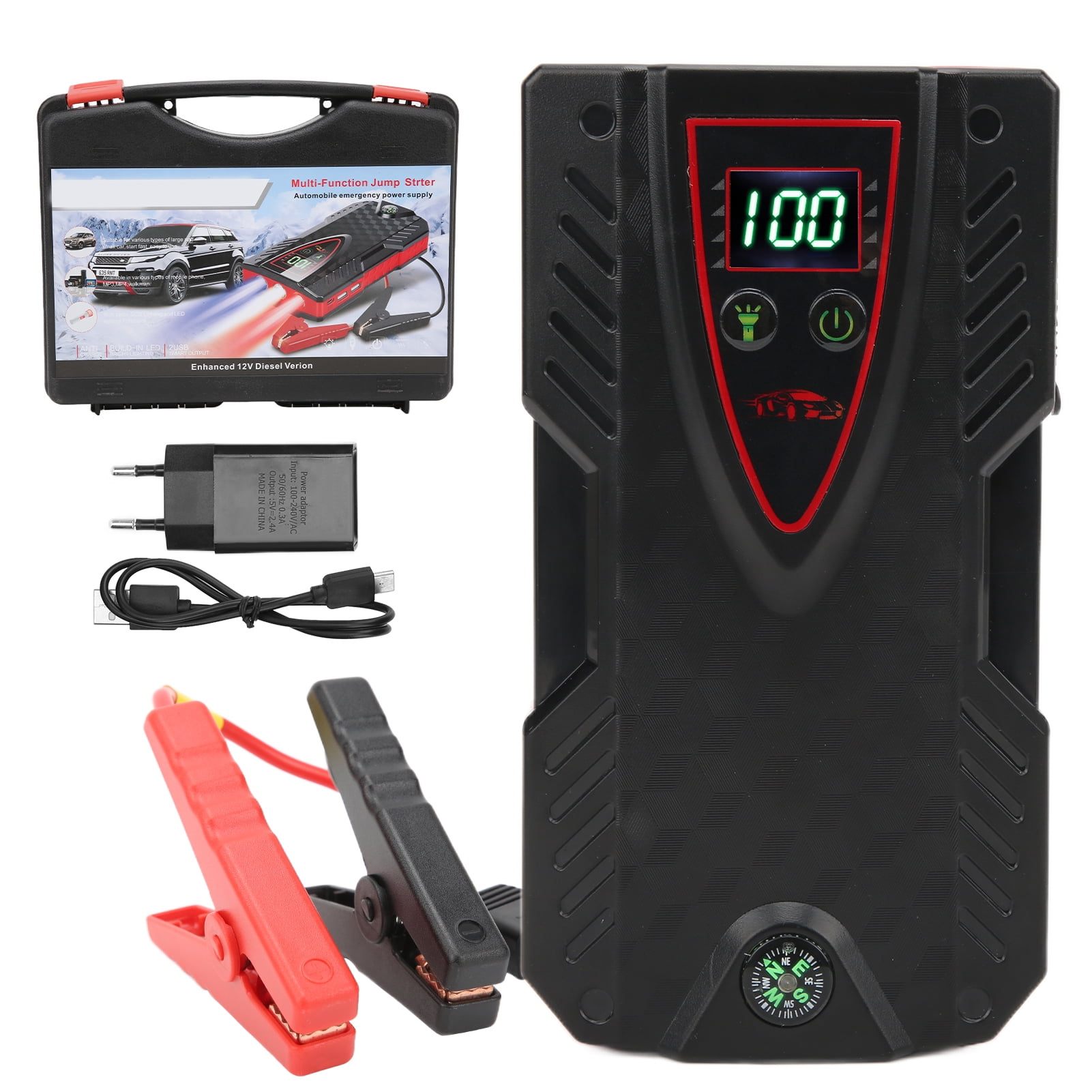Car Battery Charger 30000mAh Jump Starter 12V 1000A Peak Compass LED ...