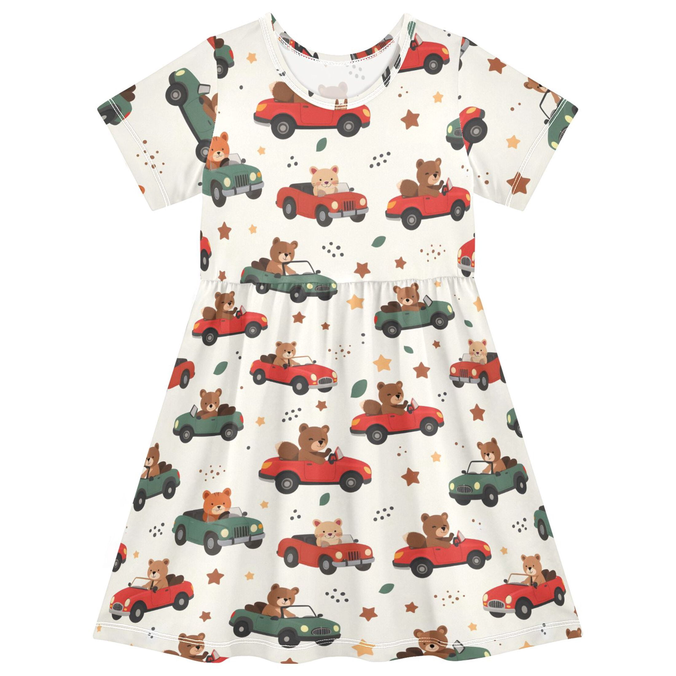 Car Bear Short Sleeve Dress A-Line Cute Midi Casual Sundress 2-8 Years ...