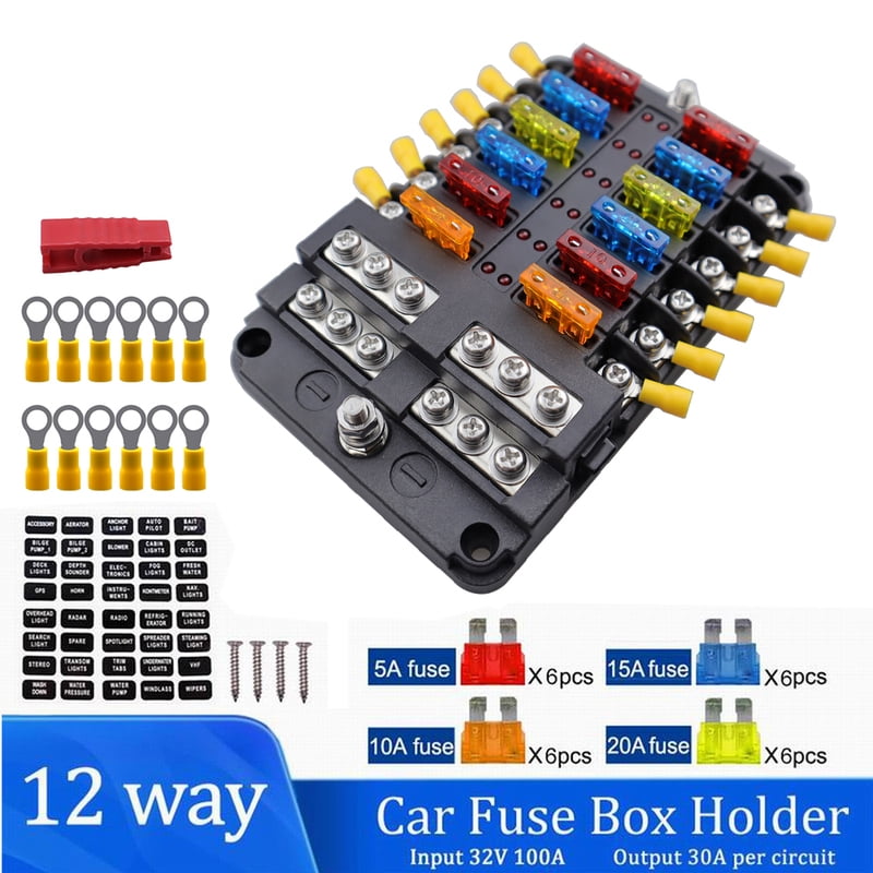 Car Boat Fuse Box Holder With 12 Way Blade Fuse Holder Block & Warning ...