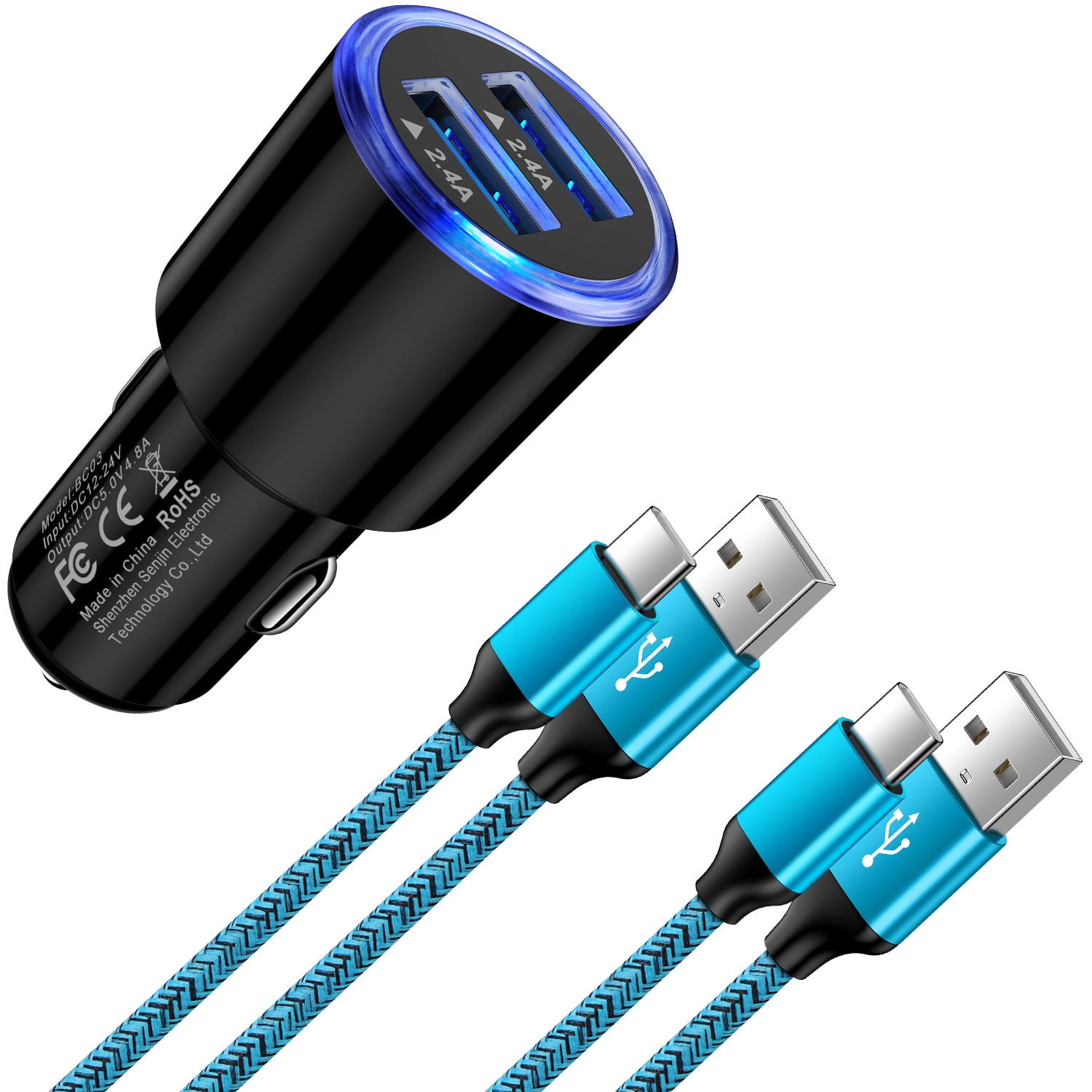 Car Charger with 2 Pack 6FT3FT Type C Cable Dual Port USB Car Charger ...
