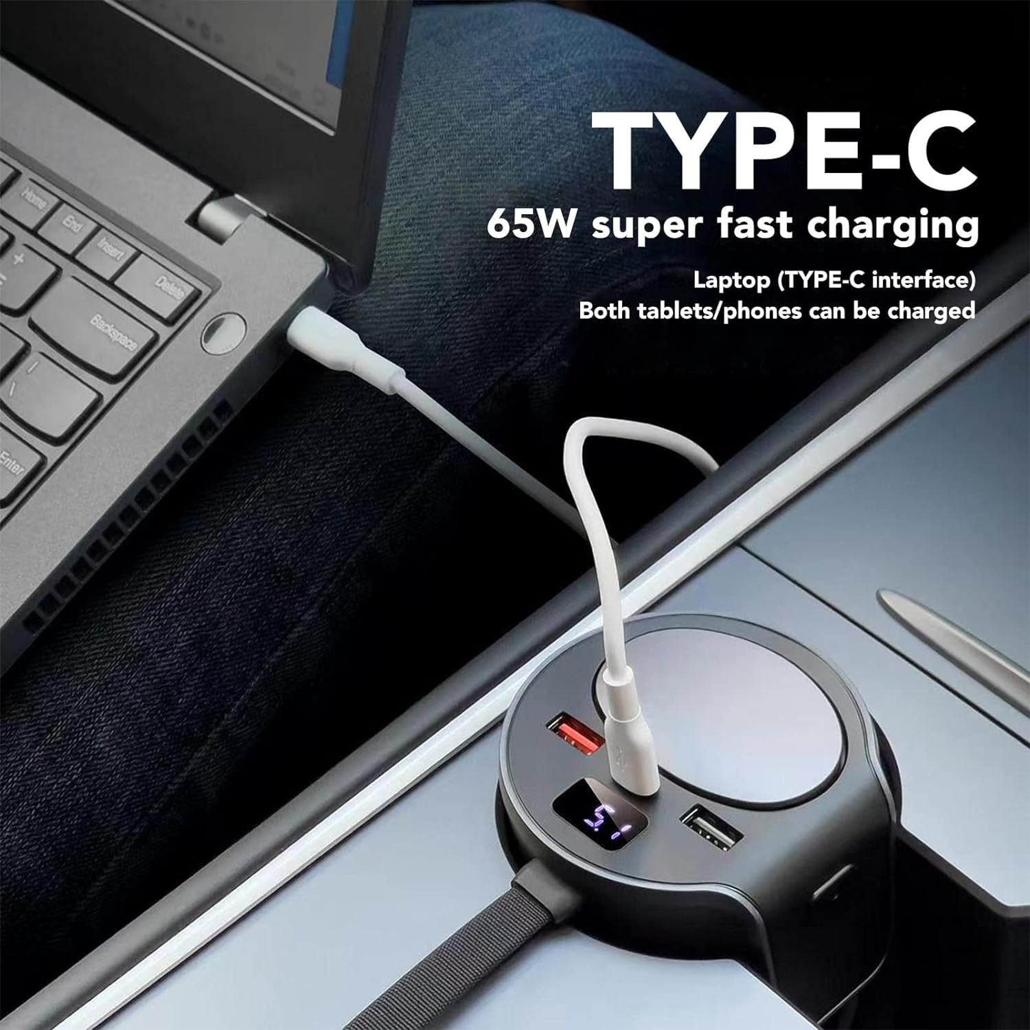 Car Charger 65W Hub Docking Station Fast Charging LED Display Dual USB ...