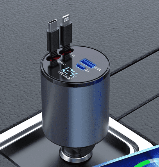 60W Multi-Port Car Fast Charger with Retractable Cable Car Cigarette ...