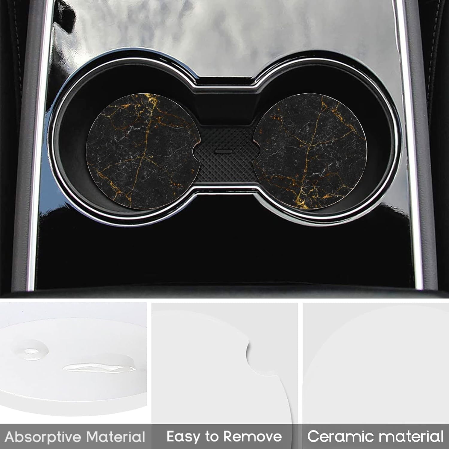 Car Coasters 2 PCS Stone Cup Holder Black Marble Texture Absorbent ...