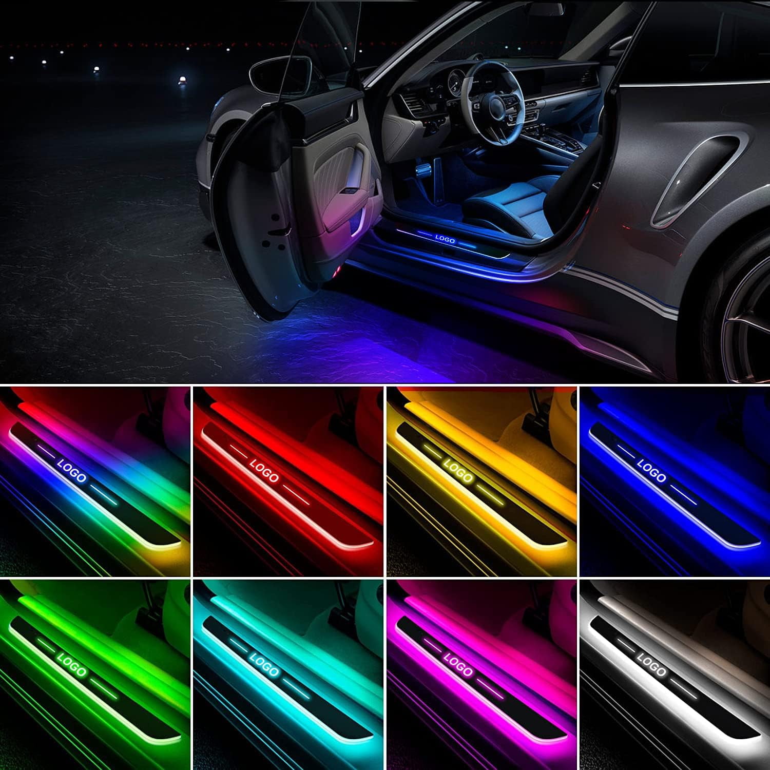 Car Door Sill Plate with LED Logo or Text Wireless Auto Sensor Car Door ...