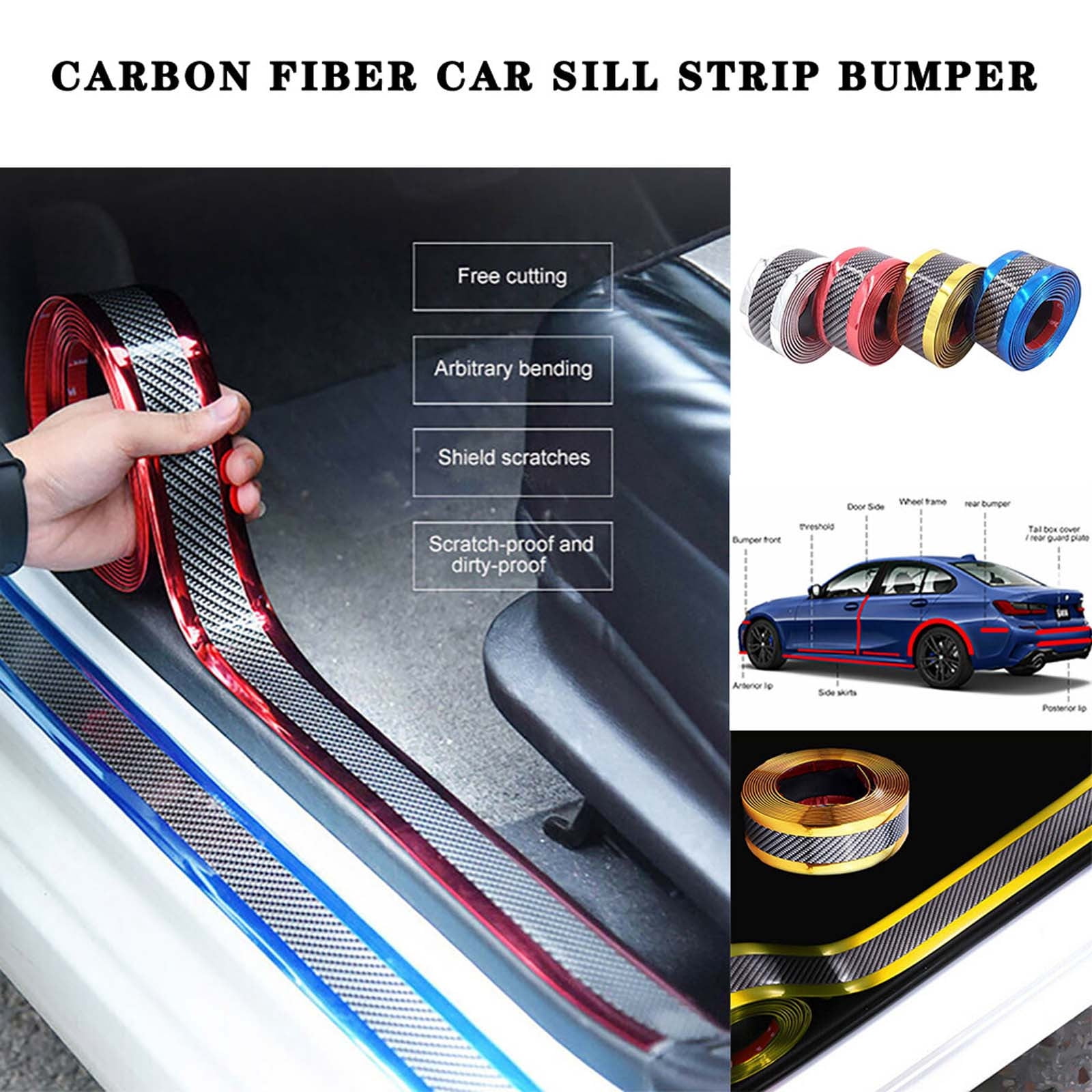 Carbon Fiber Door Sill Protector Strip, DIY Rubber Guard for Cars ...