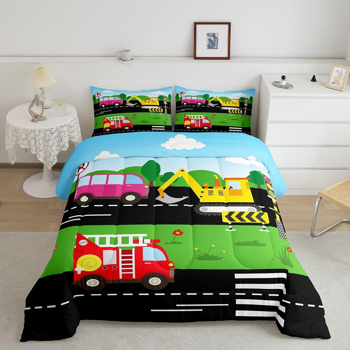 Car Dragon Children Comforter Set Blue Moon Bedding Set for Kids Boys ...