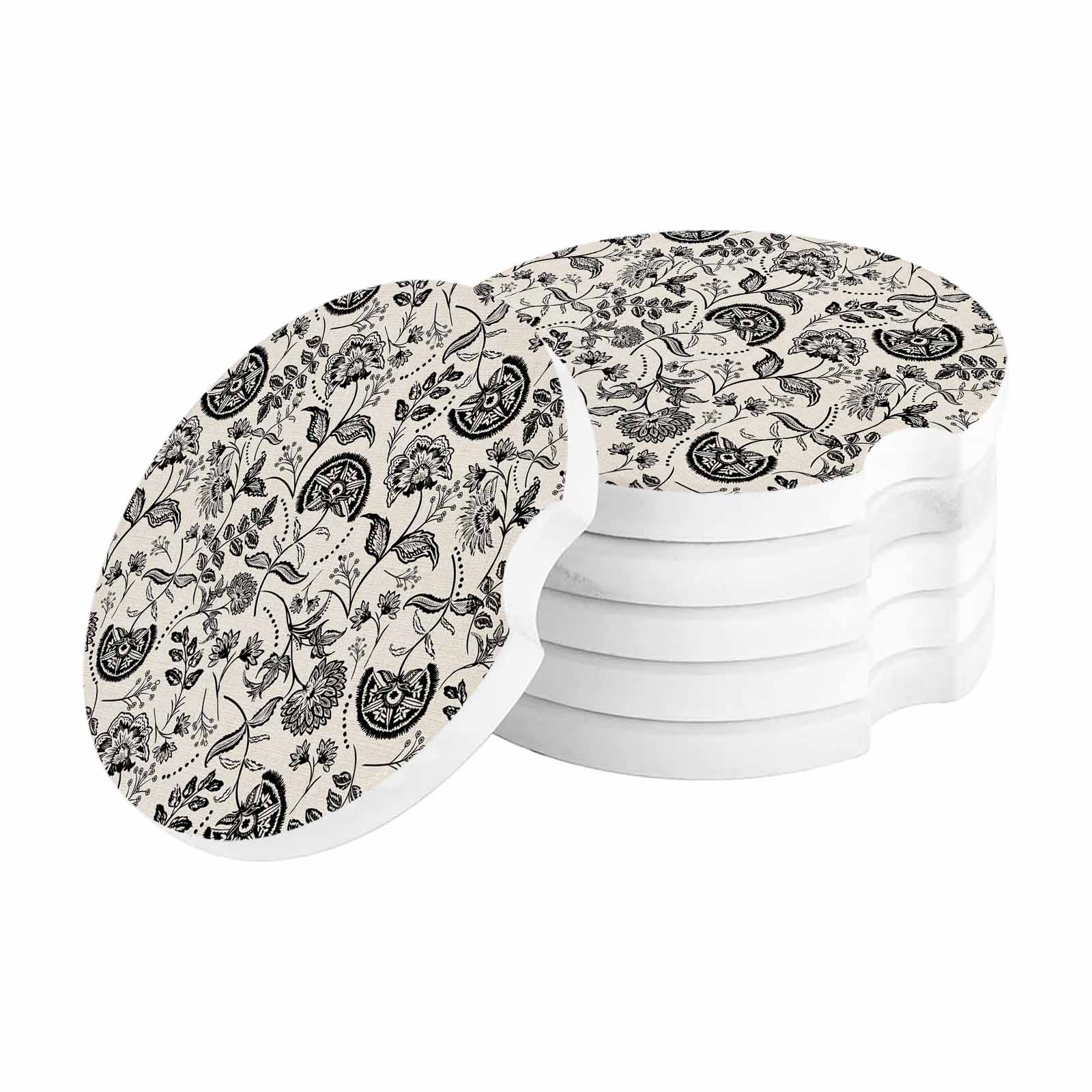 Car Drinks Coasters Set of 6 Pack Black Chinoiserie Floral Absorbent ...