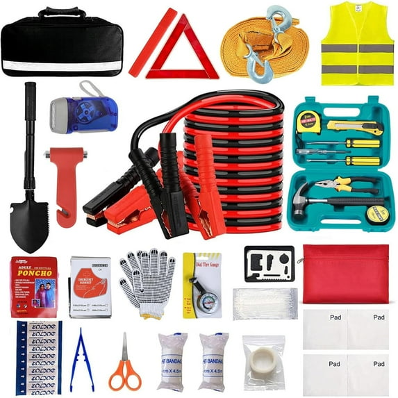 Car Emergency Roadside Tool Kit with 6 Gauge Jumper Cables, Shovel ...