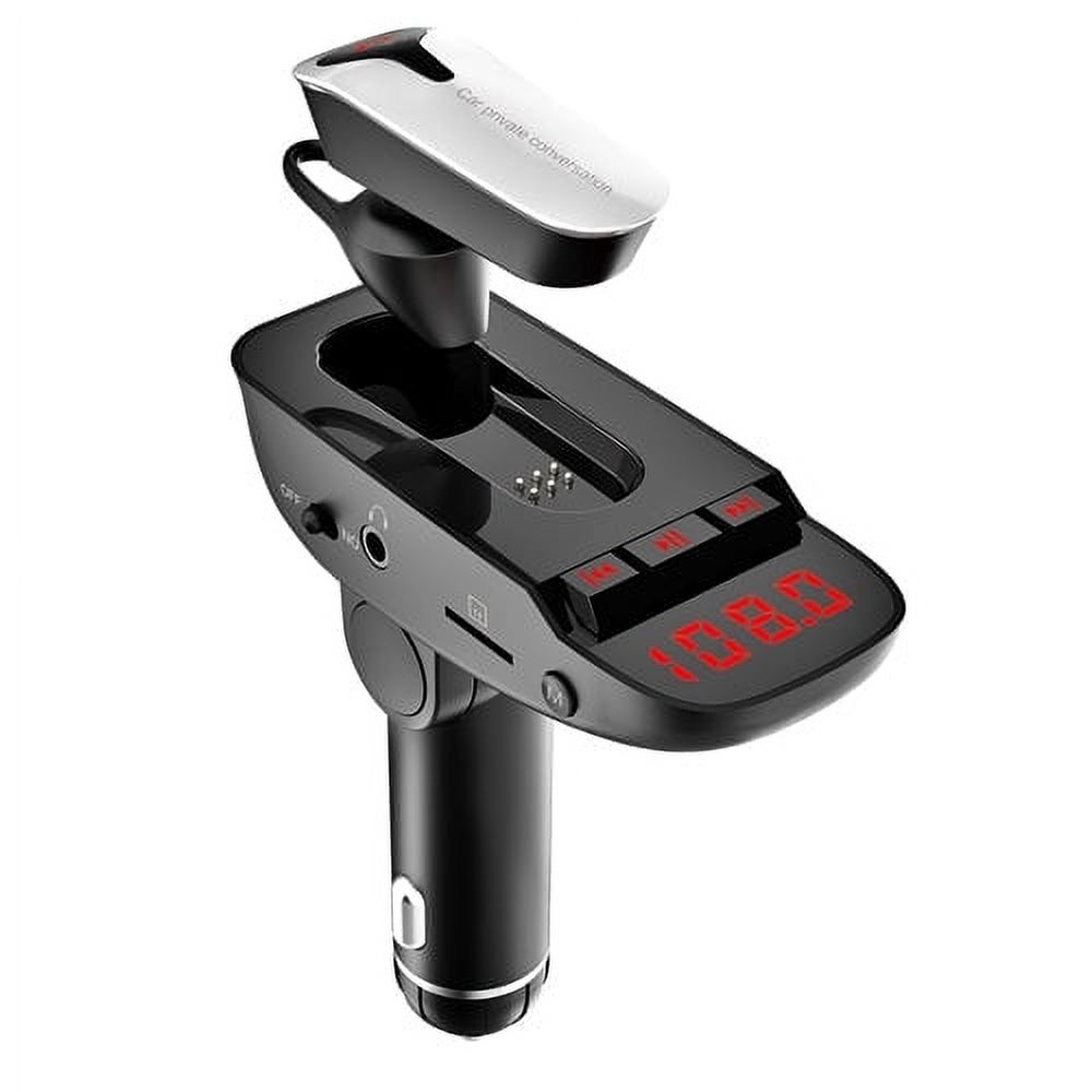 Car FM Transmitter w/ Wireless Earpiece 2 USB Charge Ports Hands-free ...