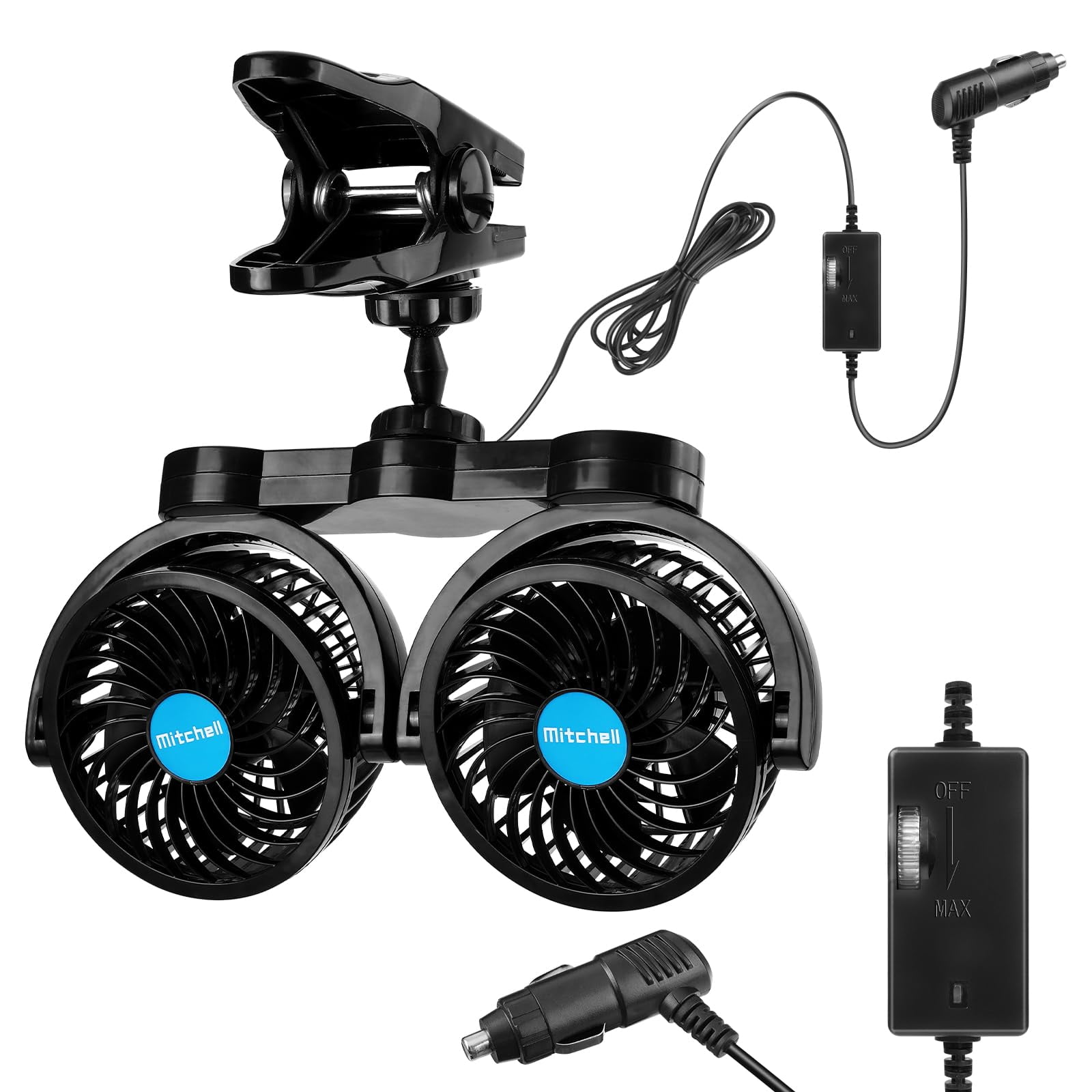 Car Fan 12V, Dual Head 4 Inches Clip-On 360 Rotatable Cooling Fan for ...