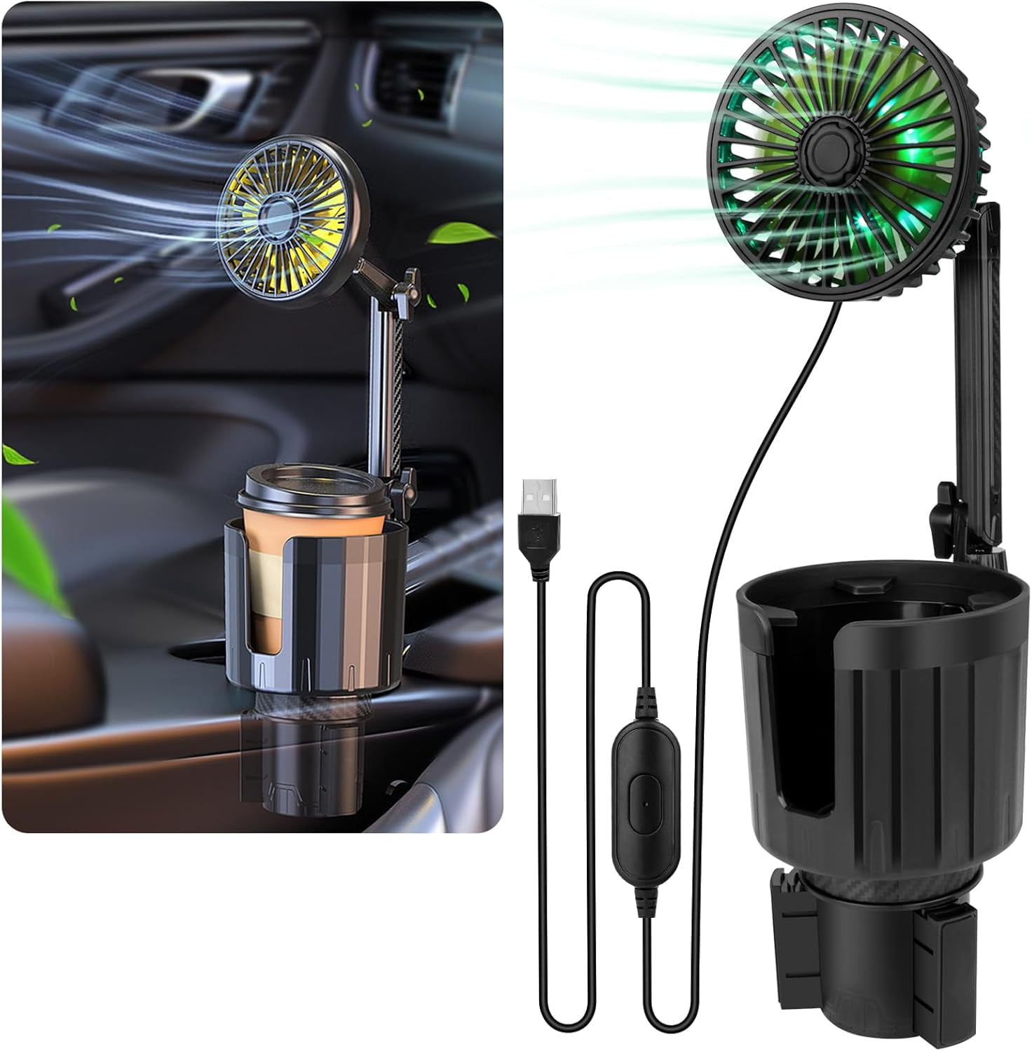 Car Fan, Car Fan Cup Holder with Colorful Lights, USB Portable Vehicle ...