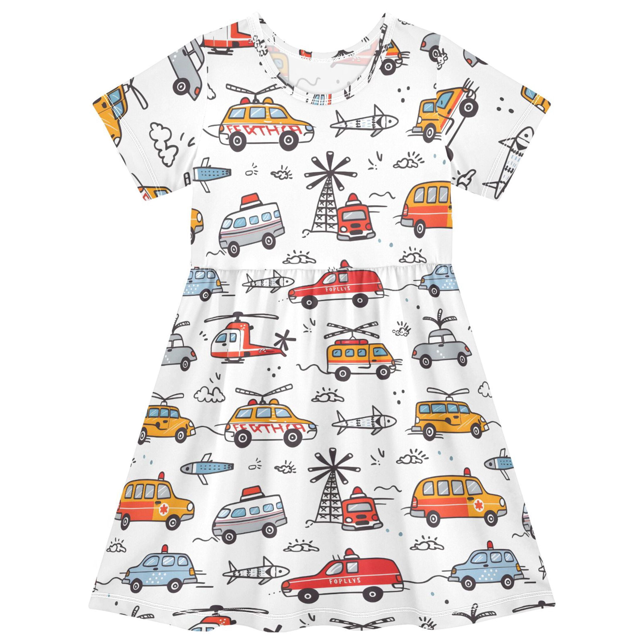 Car Fireman Department Short Sleeve Dress A-Line Cute Midi Casual ...