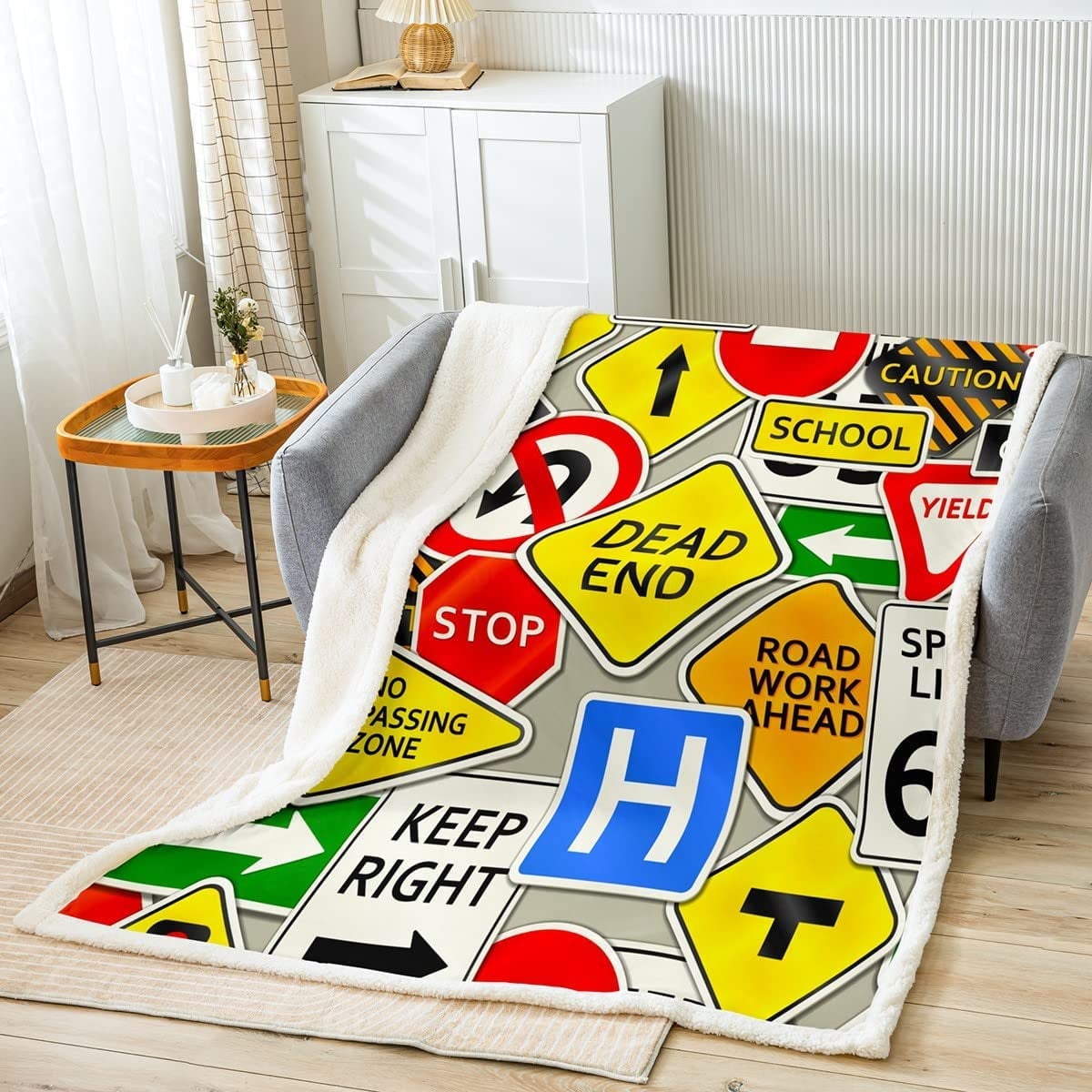 Car Fleece Sherpa Blanket Cartoon Road Sign Throw Blanket for Bed Sofa ...