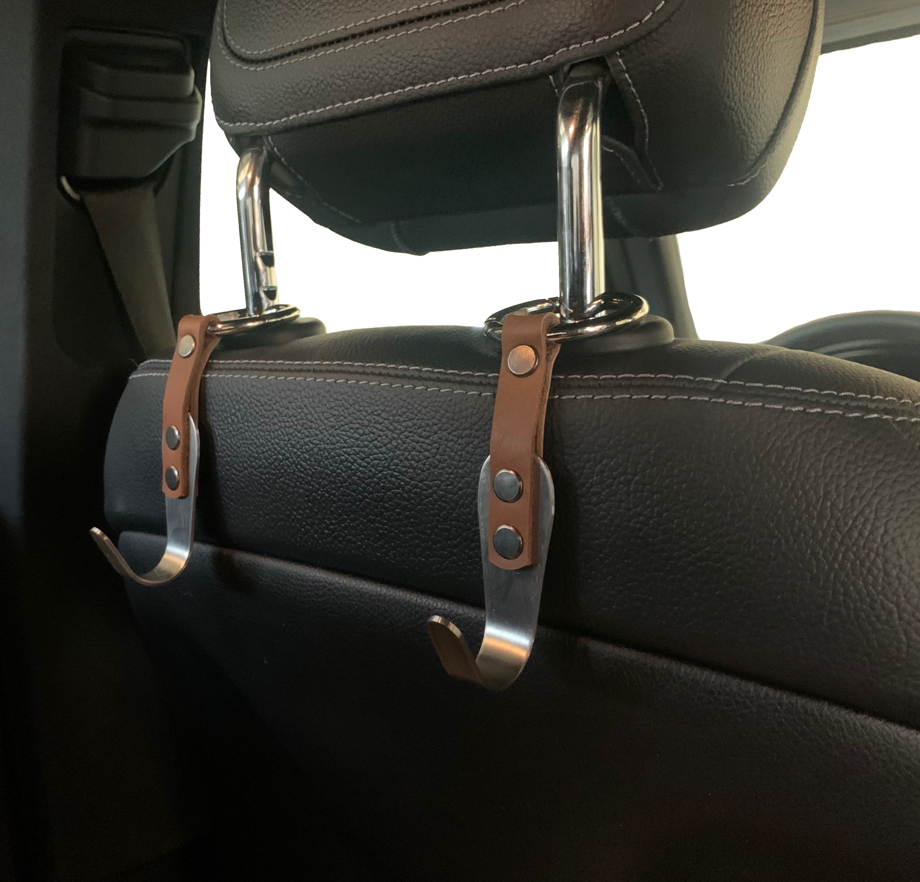 Car Head Rest Purse Hooks 2 Pack Rustic Brown Leather Silver Hook Real ...