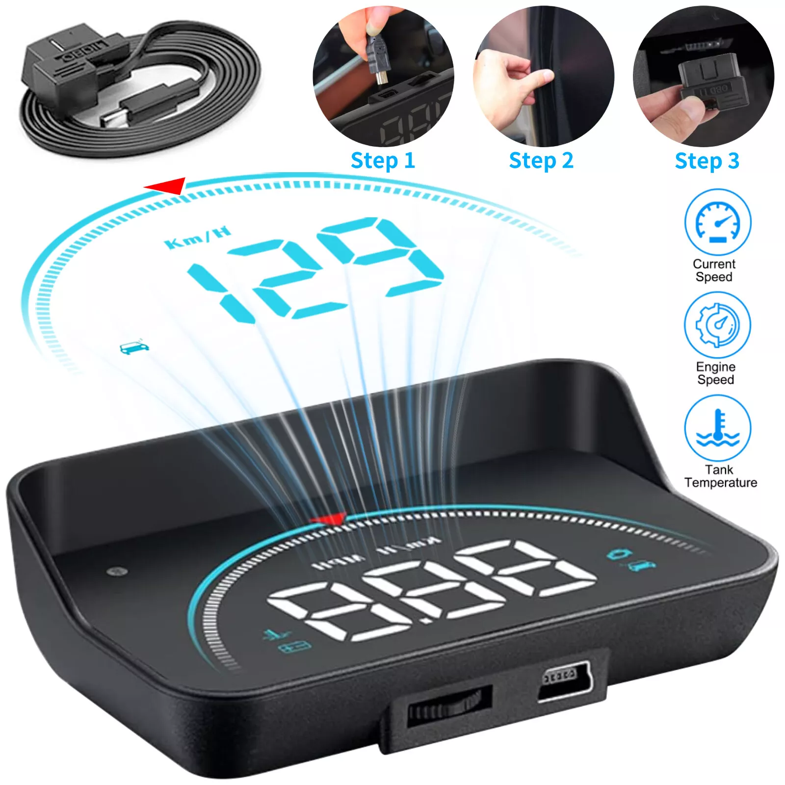 Car Head Up Display Gauge Speedometer HUD OBD2 MPH KMH Water Temp ...