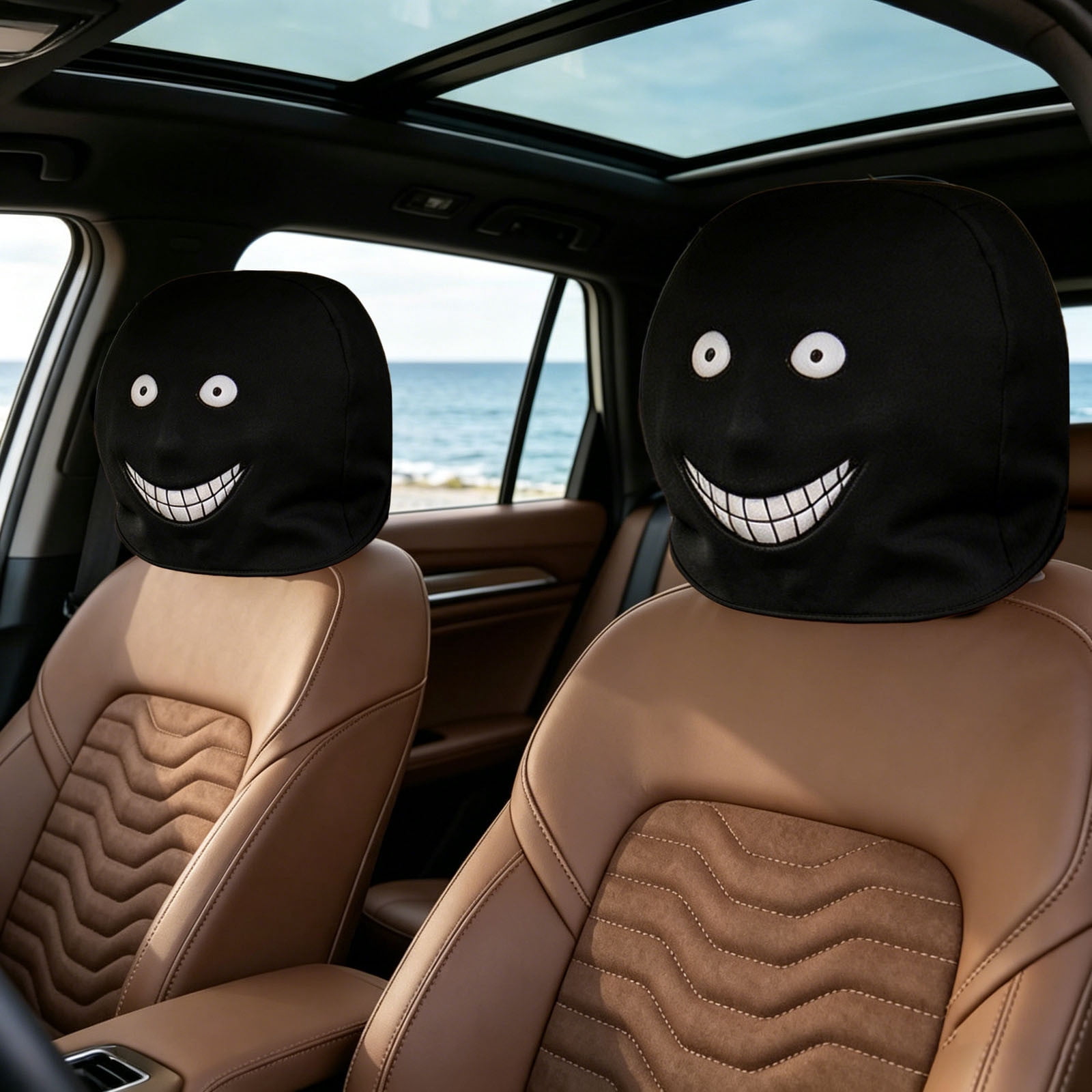 Car Headrest Cover Funny Face Stretchable Headrest Protector Black Car ...