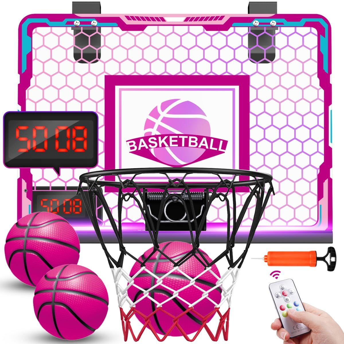 Fanruina Pink Indoor Basketball Hoop for Girls - Mini LED Set with ...