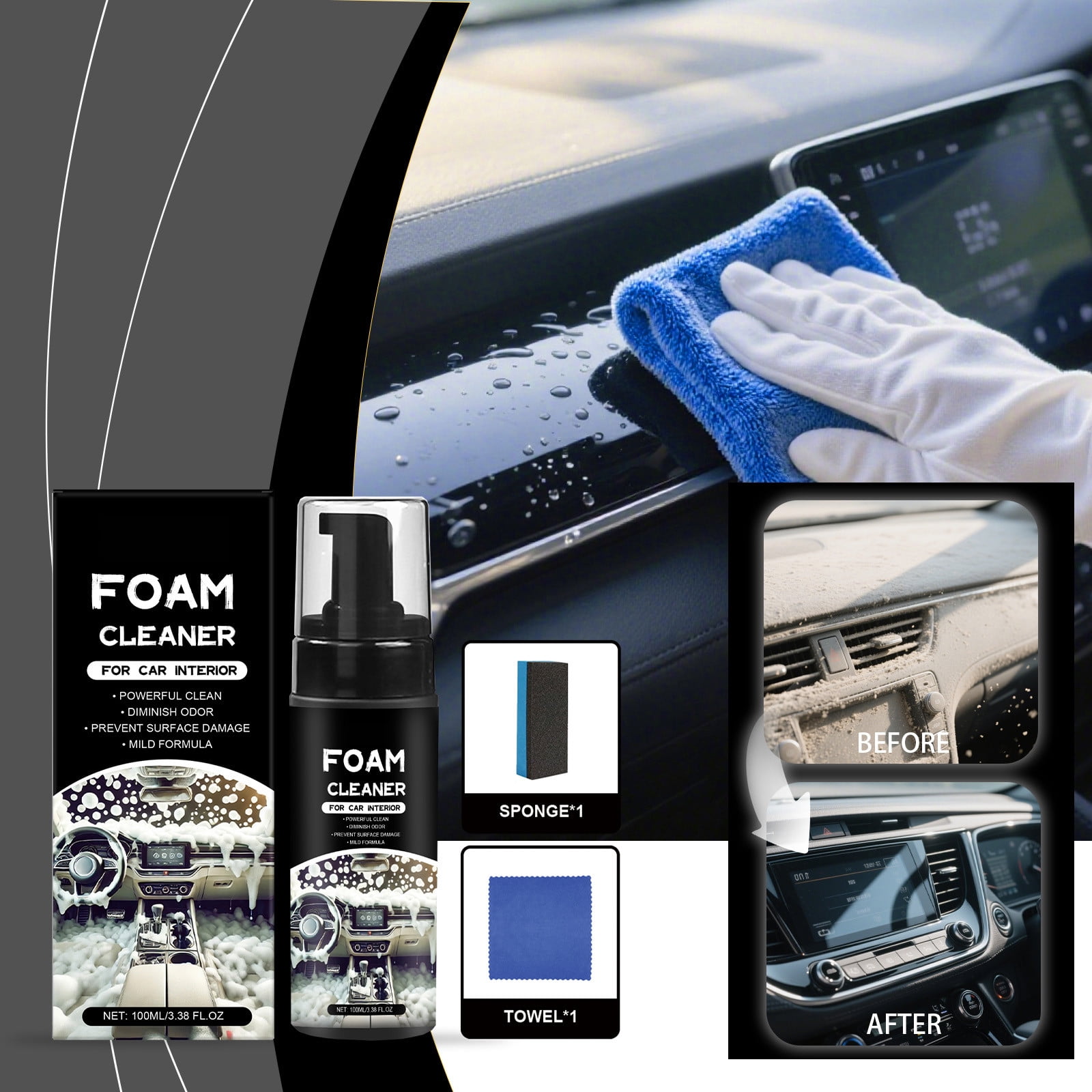 Car Interior Foam Cleaner 100ml | Powerful Waterless Stain Remover for Leather, Fabric, Carpet ...