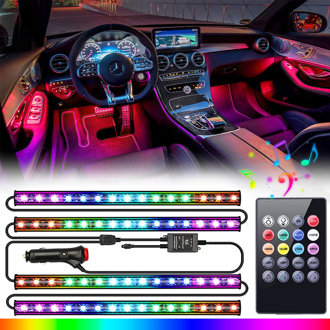 4PCS 48LED RGB Car Interior Neon Lights Strip, Sound-Reactive, Multi ...