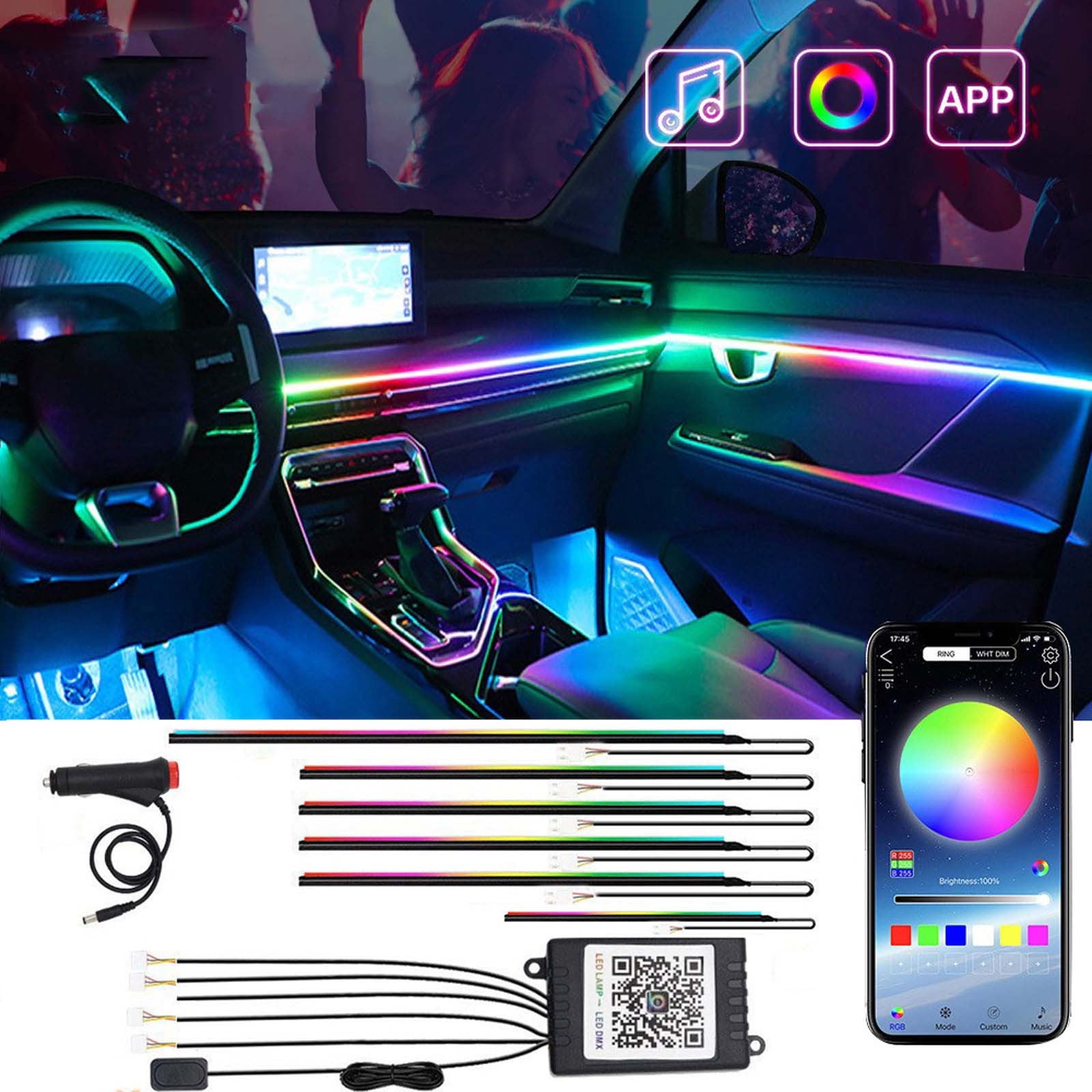 Car Interior LED Strip Lights | Acrylic Dreamy Color 6-in-1 Kit – 600 Bright LEDs | APP & RF ...