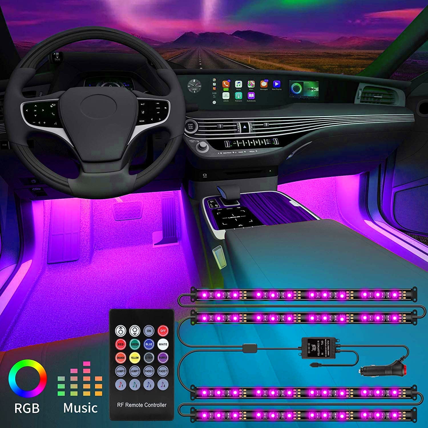 GOADROM LED Car Interior & Strip Lights - 4 Pcs, 48 LED RGB, Music Sync ...