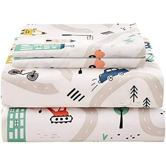 Car Kids Printed Sheet Set Full Size, 4 Piece Soft Microfiber Bed ...