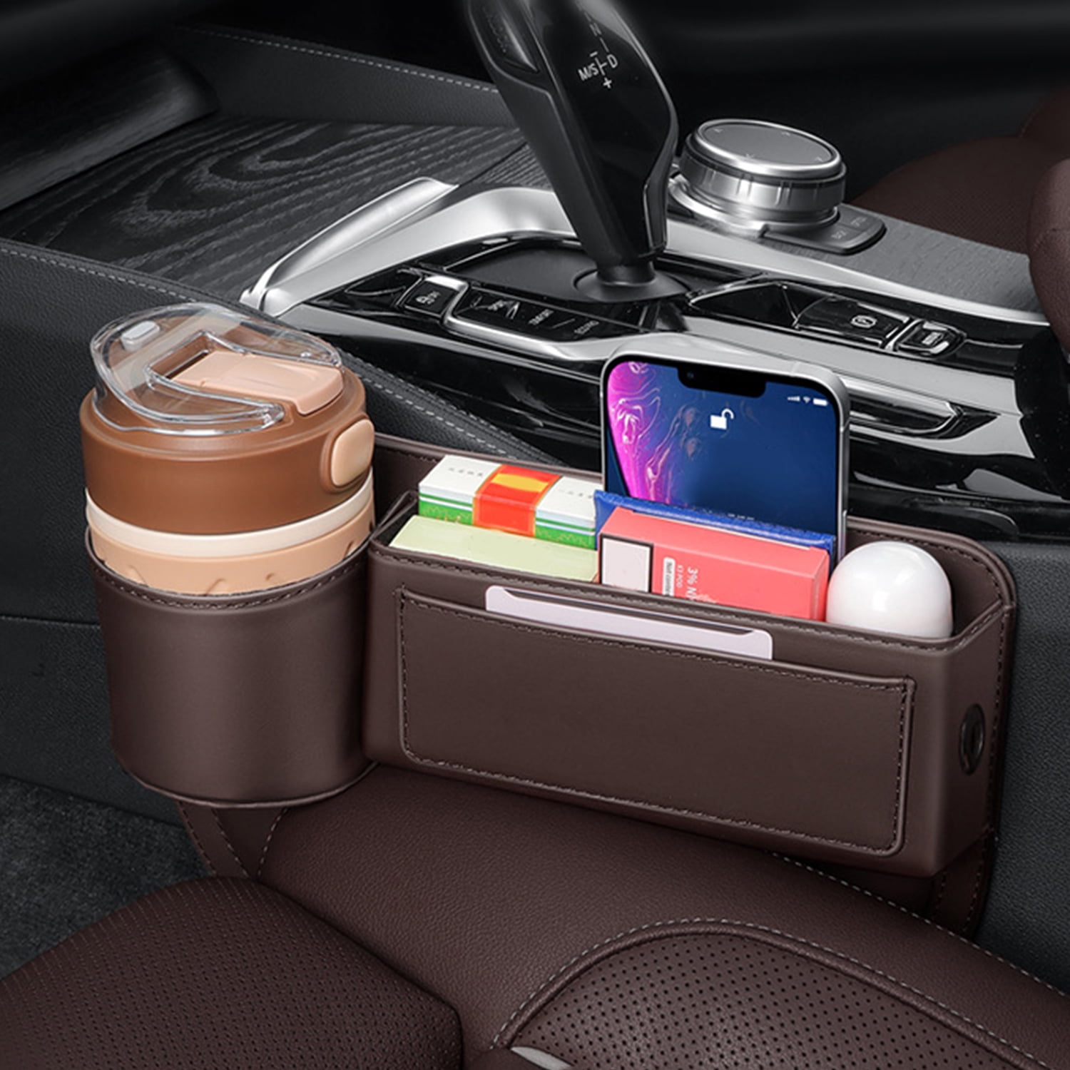 Car Leather Cup Holder Gap Bag, 2024 New Seat Gap Storage Box ...