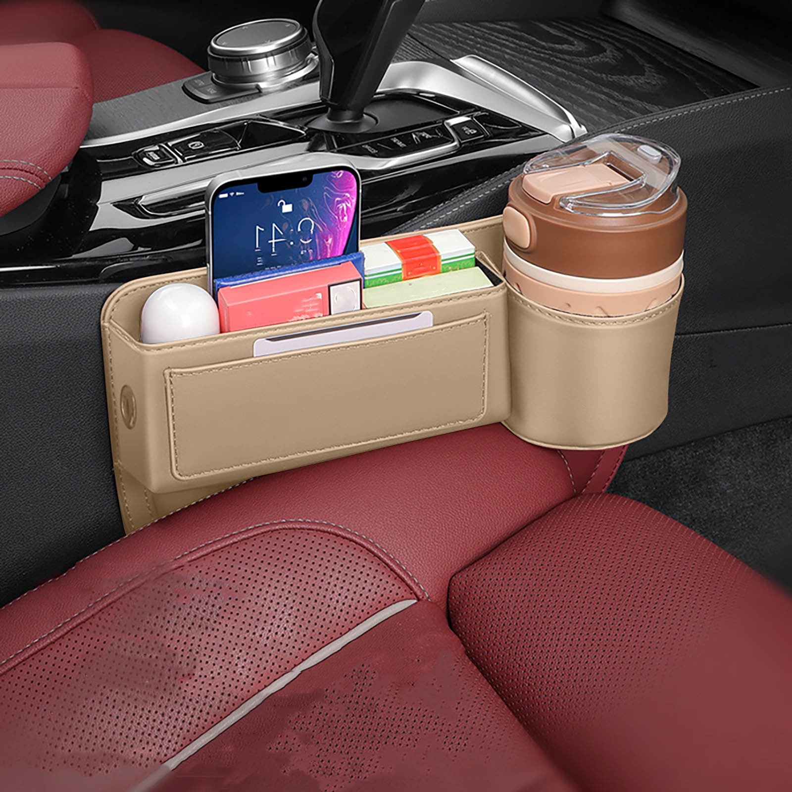 Car Leather Cup Holder Gap Bag,Car Seat Gap Filler Organizer, Adjustable Car Gap Storage Box ...